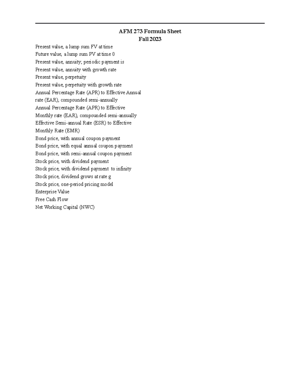 Formula Sheet Midterm Exam Fall 2023 - AFM 273 Formula Sheet Fall 2023 ...