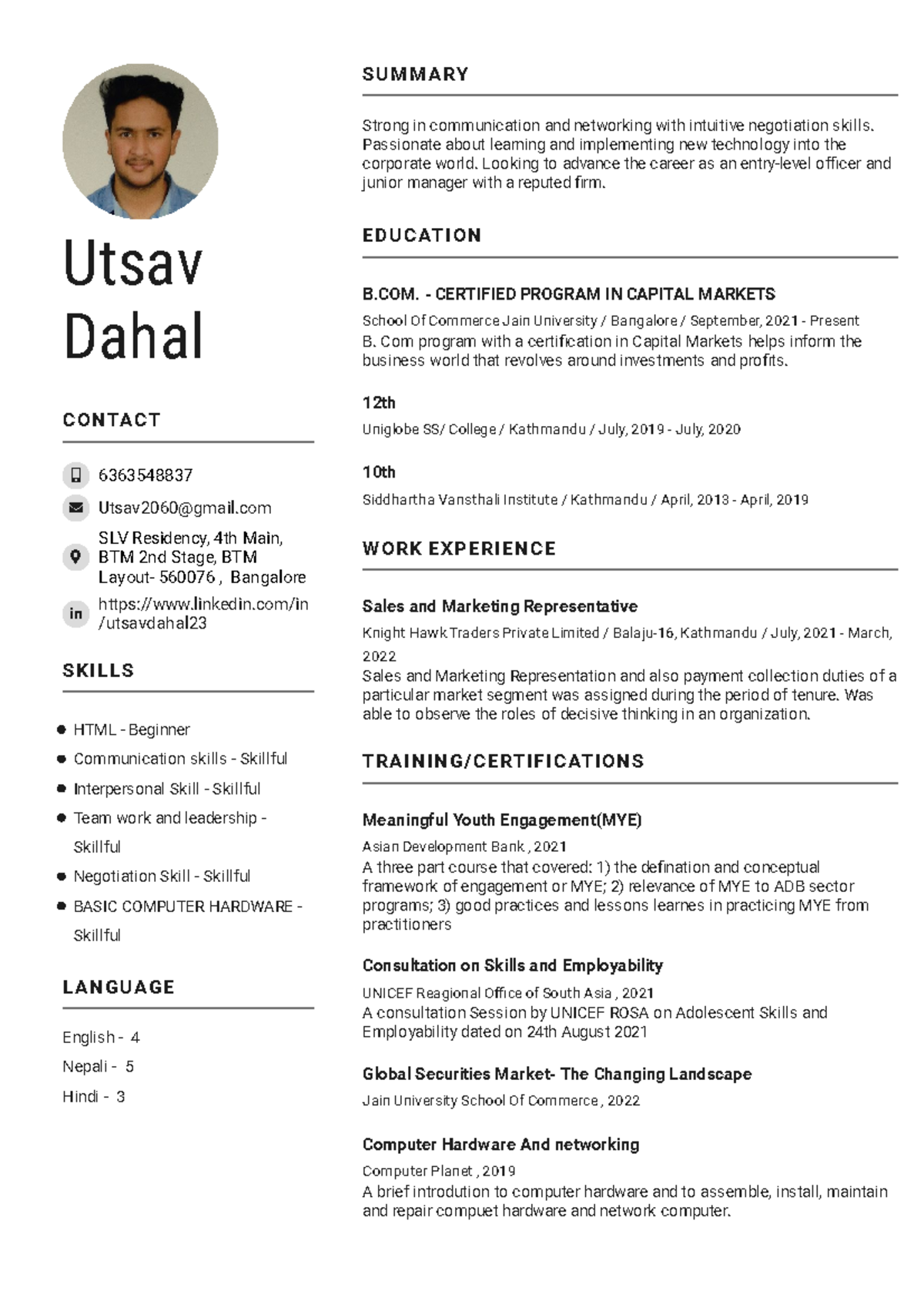 Utsav’s resume - Abc - Utsav Dahal C ON TAC T 6363548837 Utsav2060@gmail SLV Residency, 4th ...