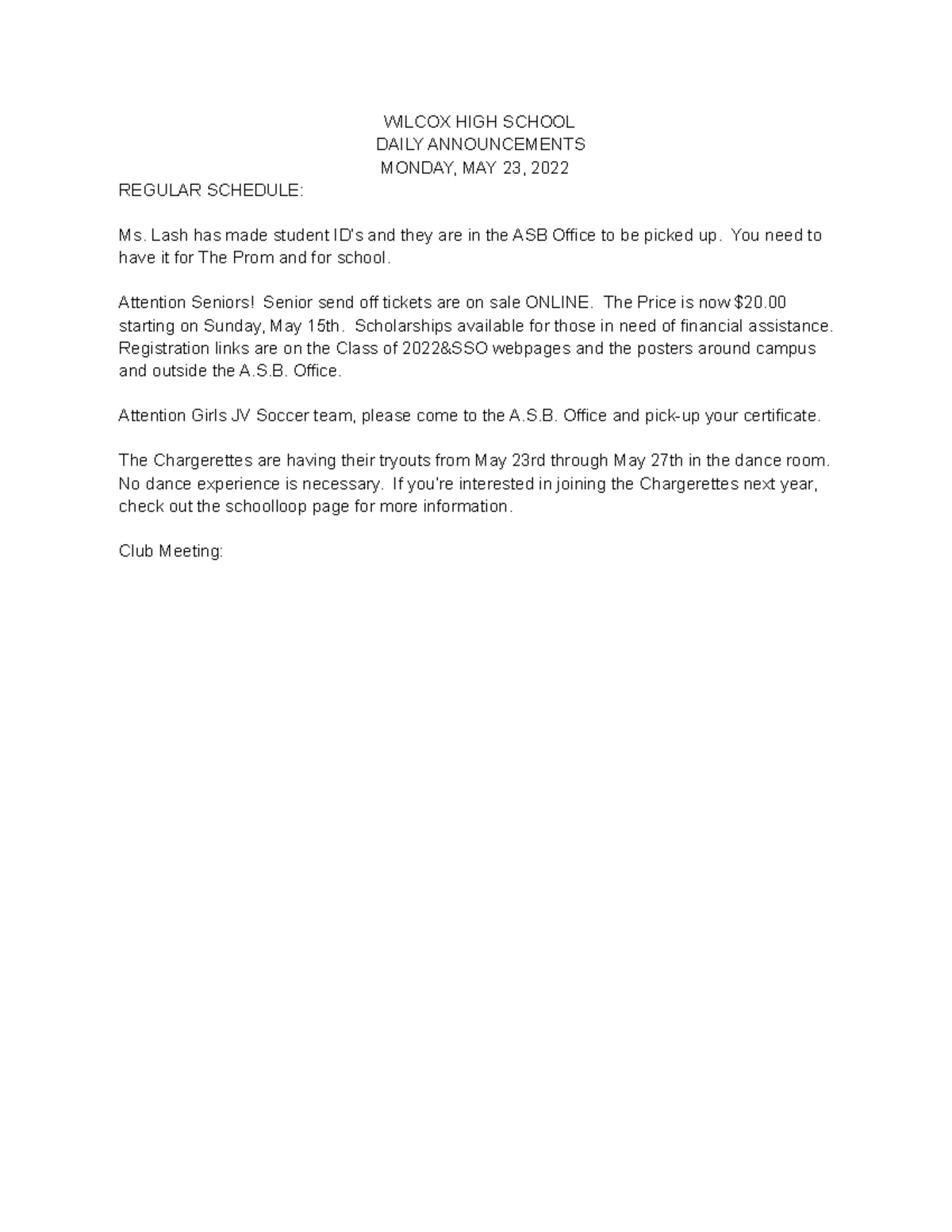 Daily Announcements 52322 - WILCOX HIGH SCHOOL DAILY ANNOUNCEMENTS ...