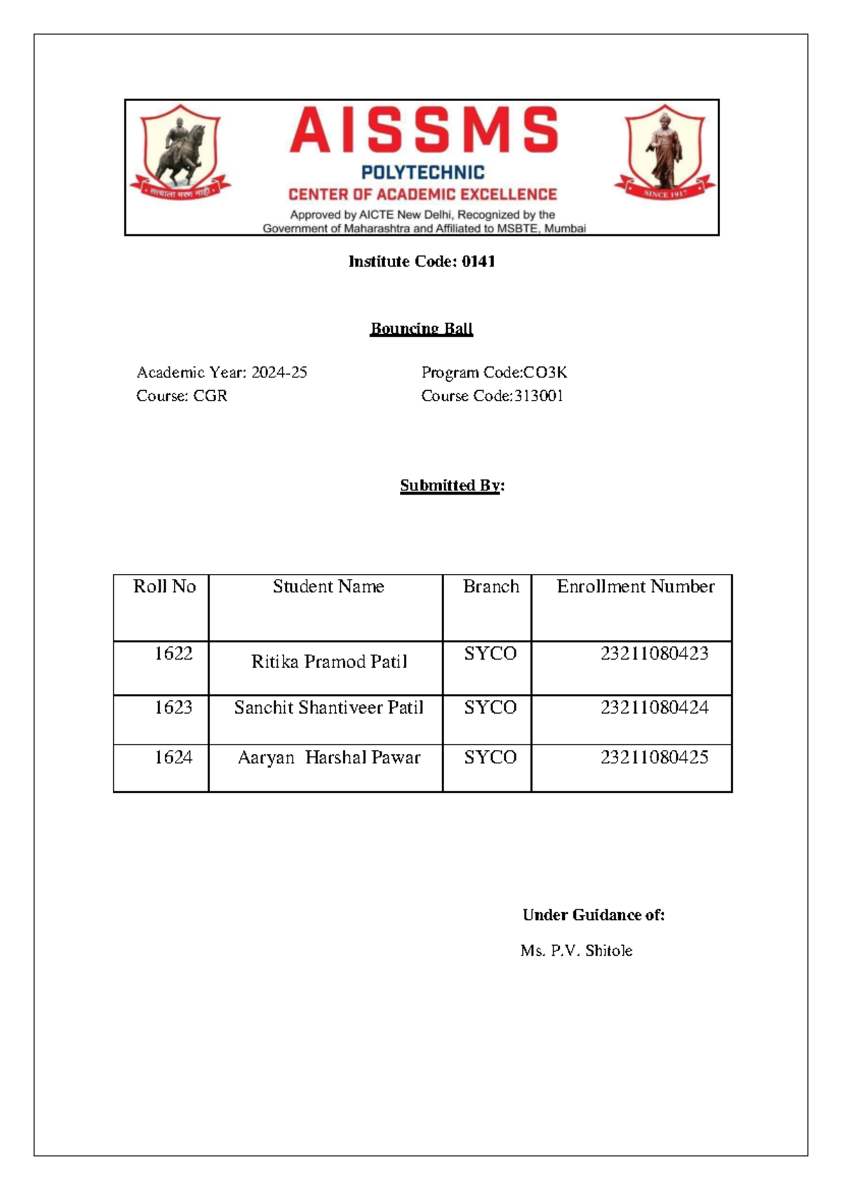 Ritika cgr - bets - Institute Code: 0141 Bouncing Ball Academic Year ...