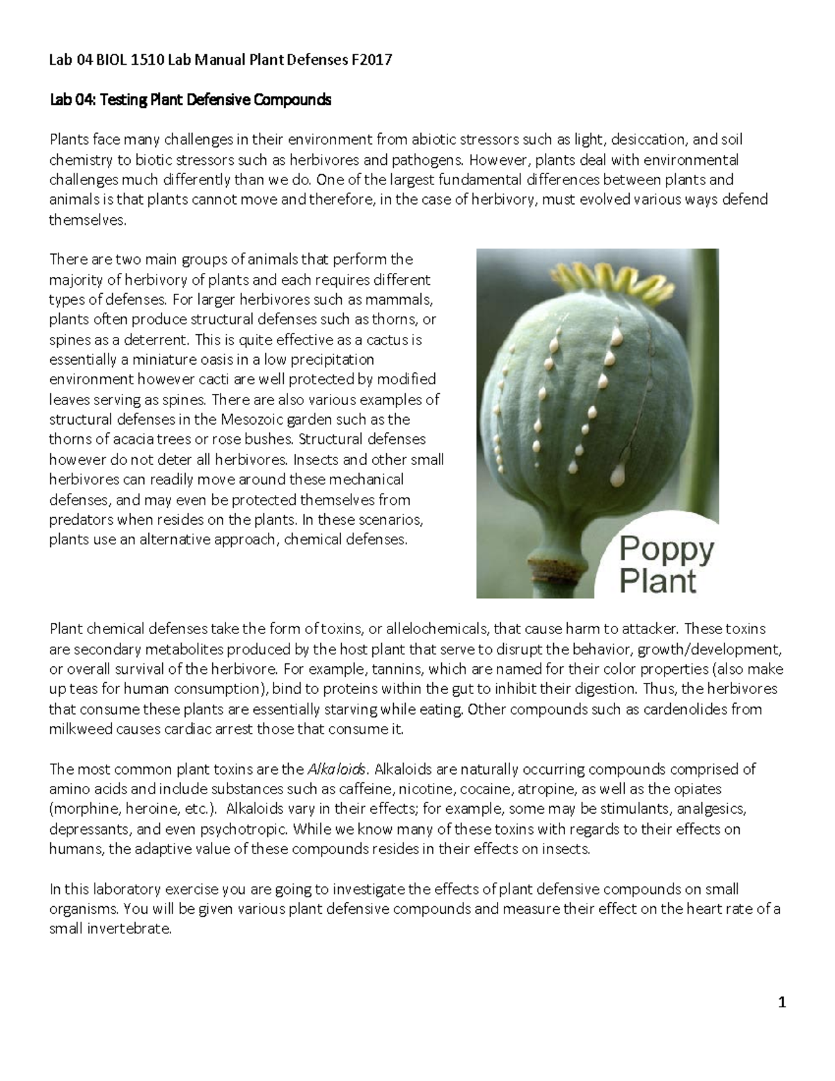 Lab 04 BIOL 1510 Lab Manual Plant Defenses F2017 - Lab 04 : Testing ...