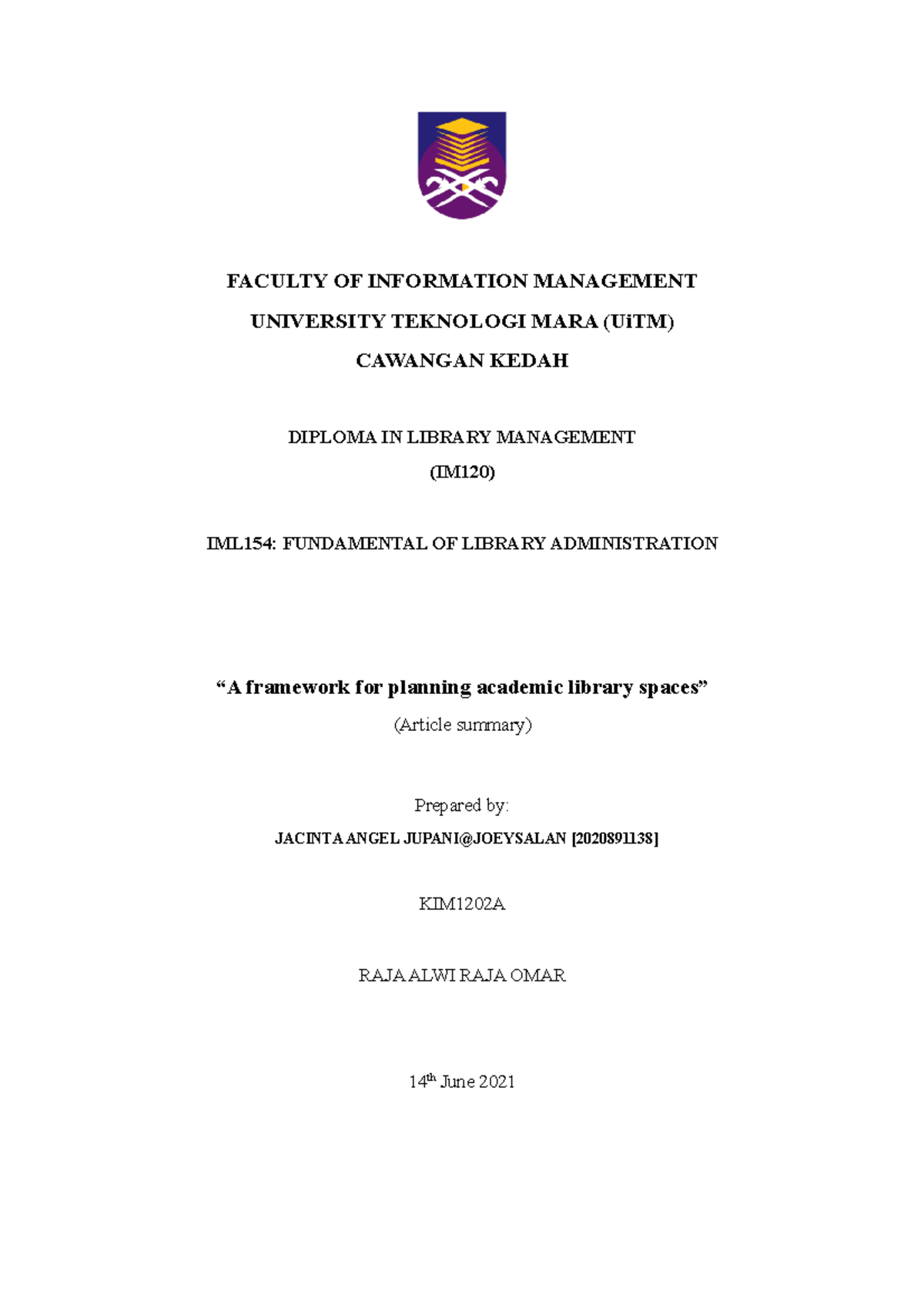 Article summary based on the article given - Fundamentals of Library ...