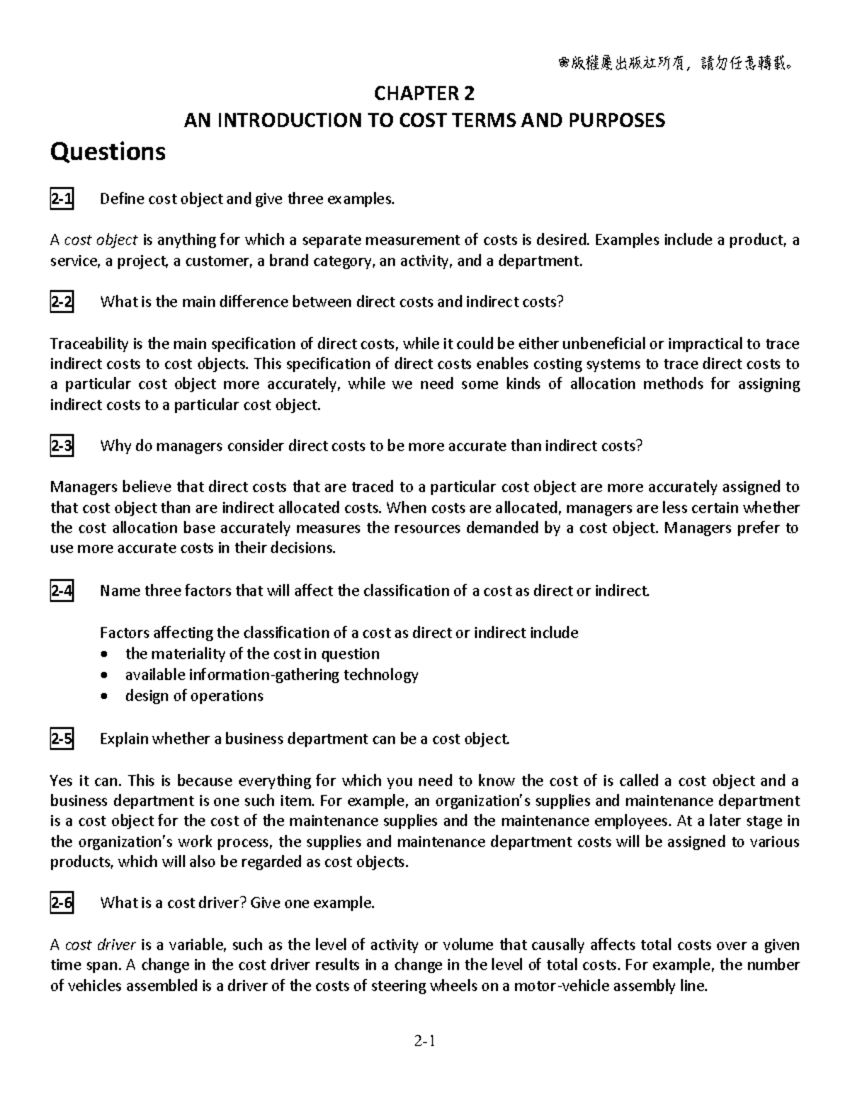 Chapter 02-Solution MAA - CHAPTER 2 AN INTRODUCTION TO COST TERMS AND PURPOSES Questions 2-1 ...