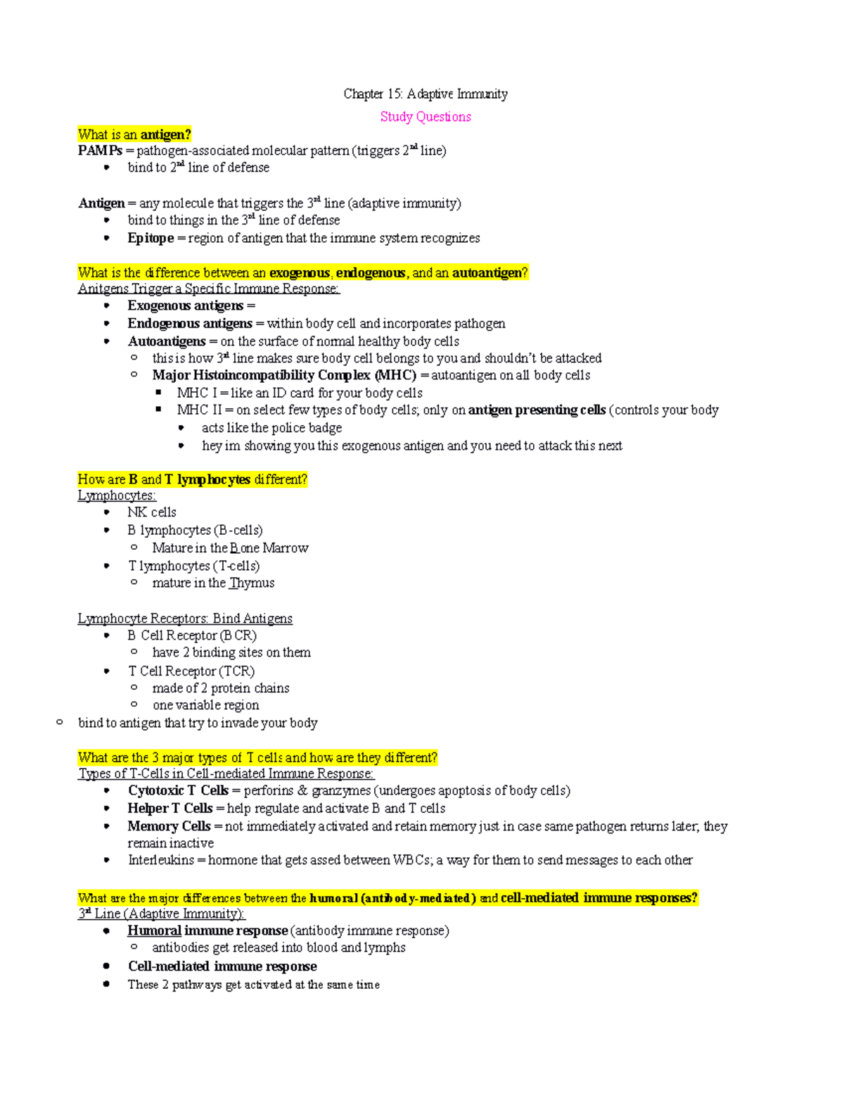Ch 15 study guide - Chapter 15: Adaptive Immunity Study Questions What ...