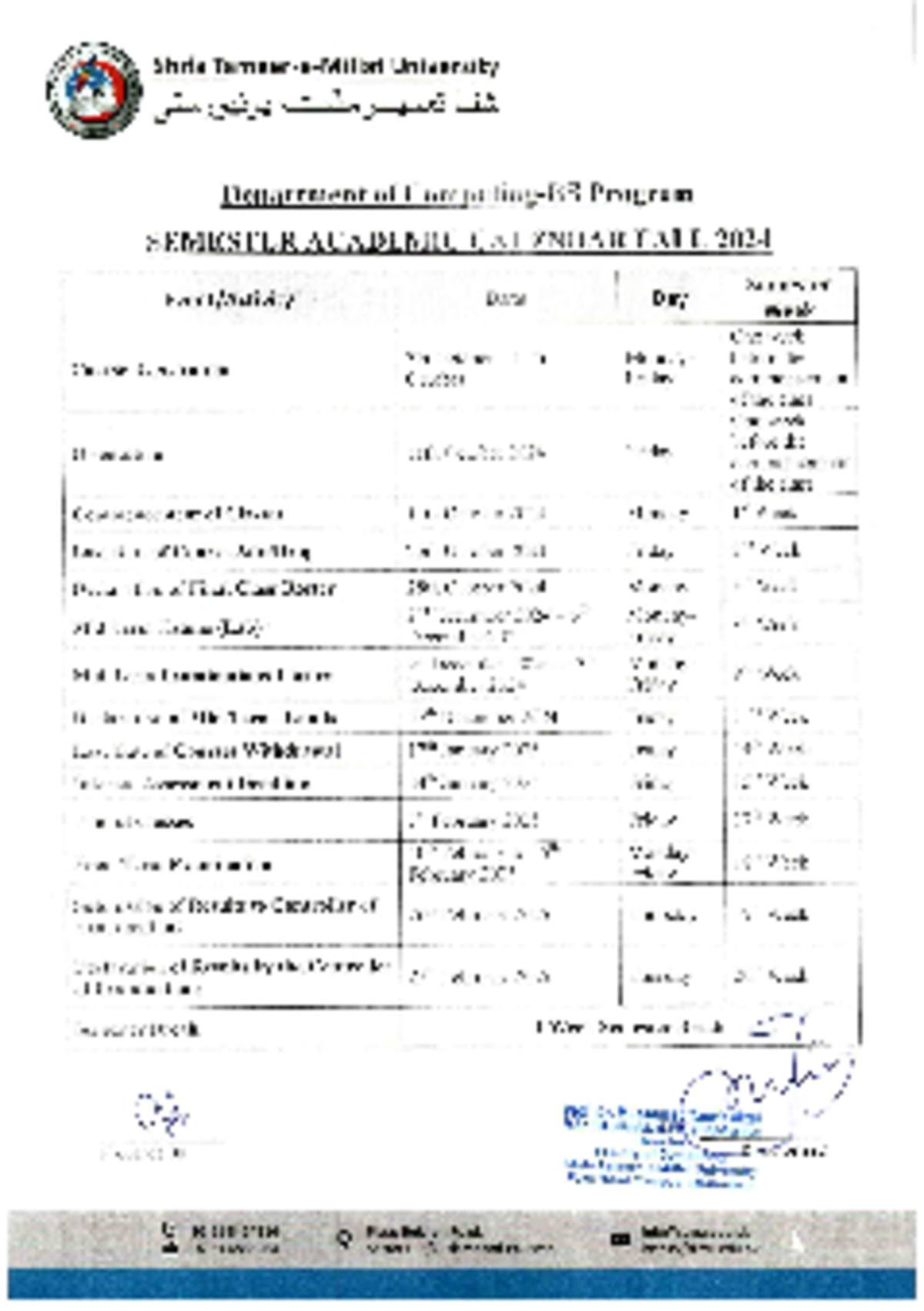 Semester Calander BS Program (Fall 2024) - Shifa Tameer-e-Millat ...