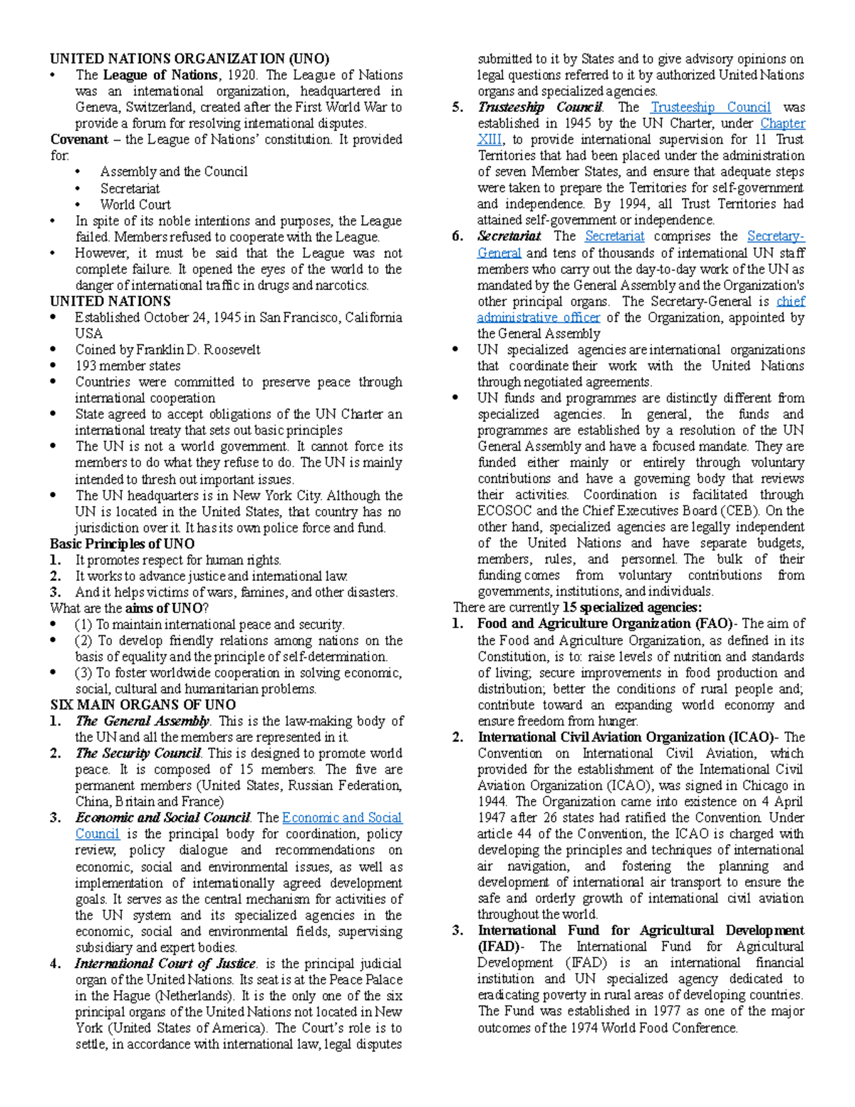 United Nations Organization Reviewer - UNITED NATIONS ORGANIZATION (UNO ...