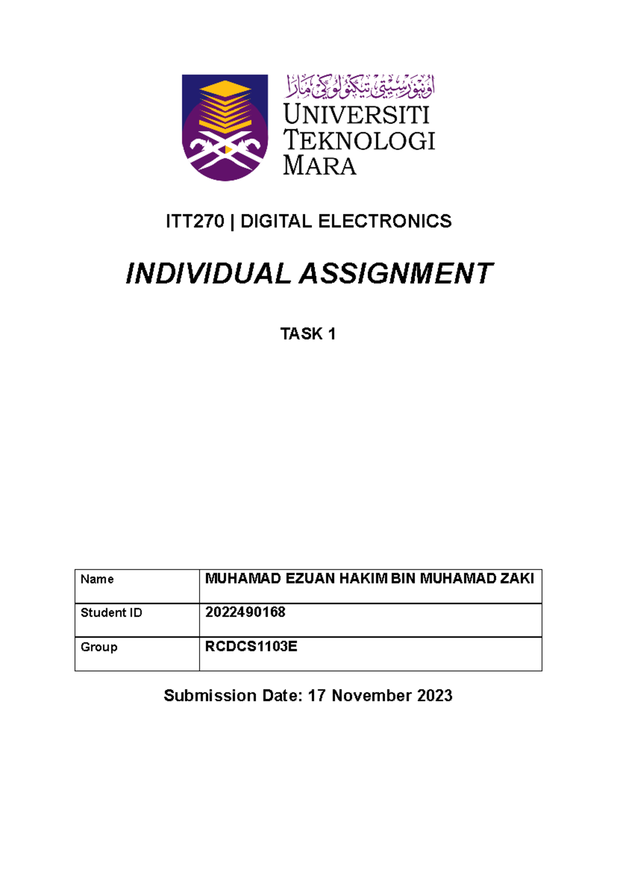 Assignment ITT270 - ITT 270 | DIGITAL ELECTRONICS INDIVIDUAL ASSIGNMENT ...