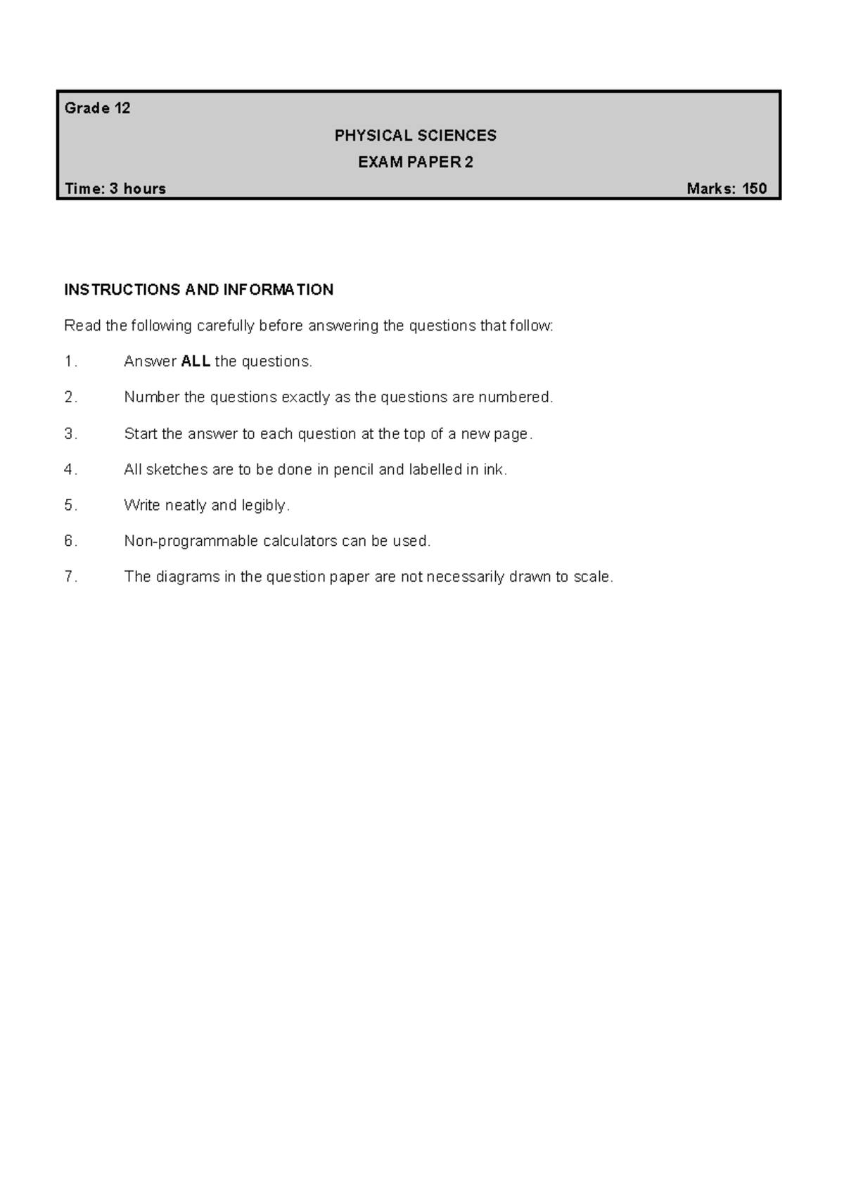 5 june p2 questions - Grade 12 PHYSICAL SCIENCES EXAM PAPER 2 Time: 3 ...