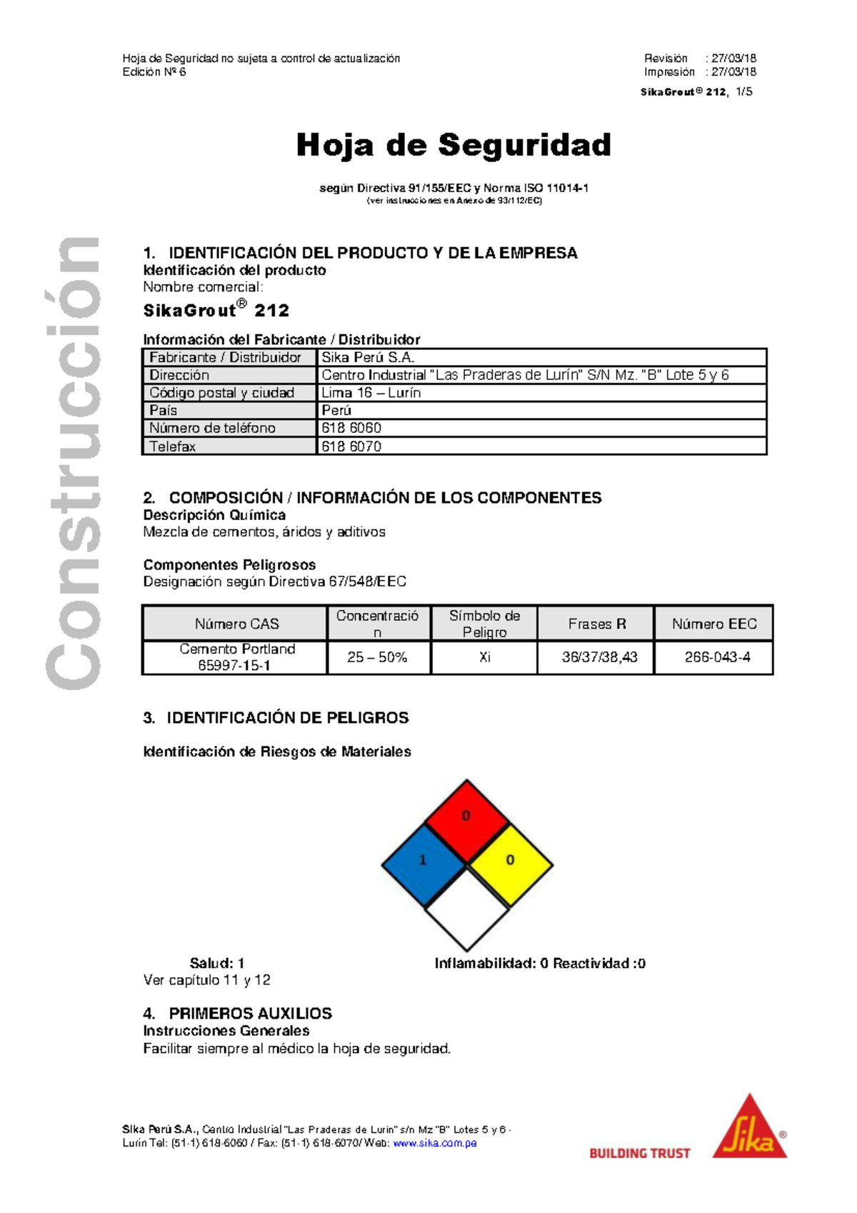 0010 MSDS Sika Grout 212 - Química Inorgánica - UPN - Studocu