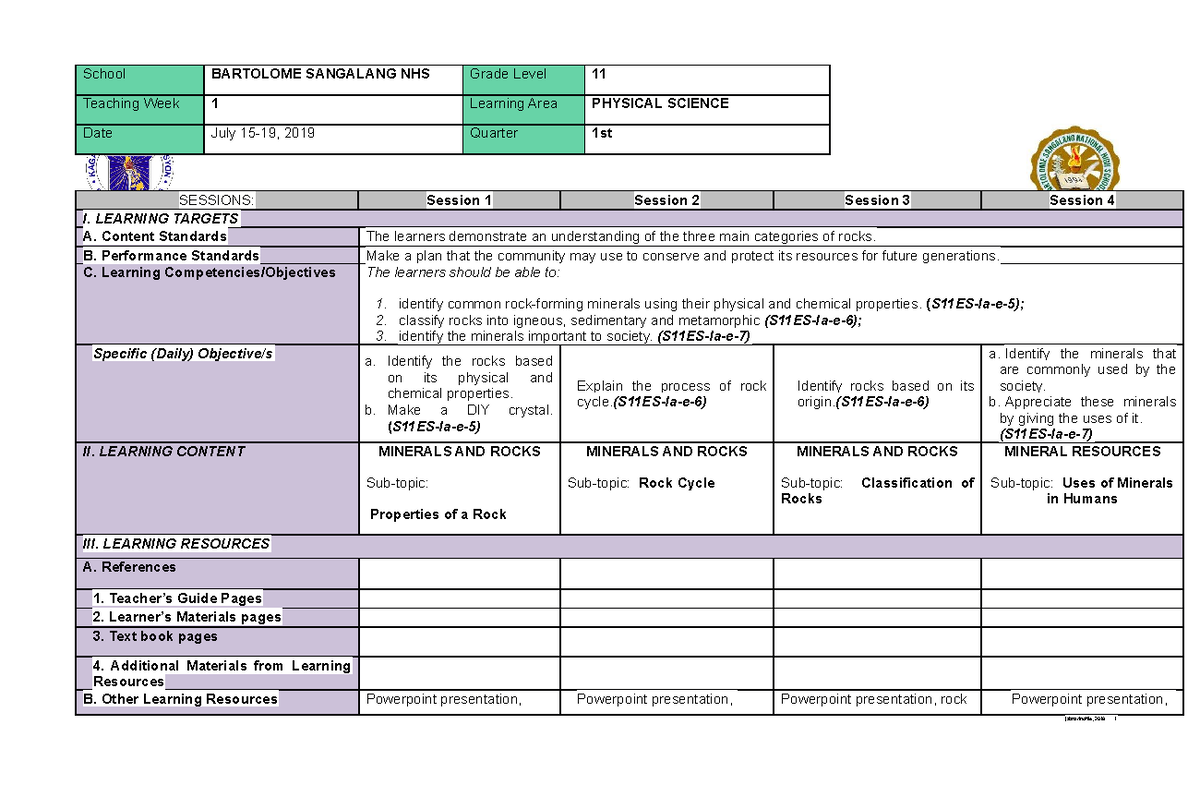 Template 7E S - GOOD - Teaching Week 1 Learning Area PHYSICAL SCIENCE ...