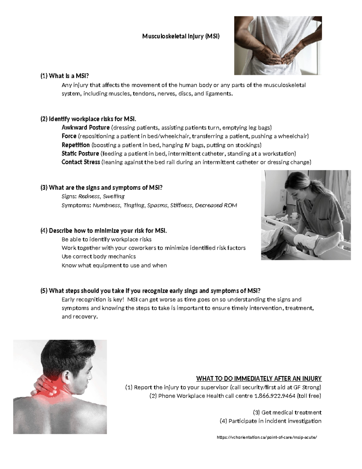 Musculoskeletal Injury - (2) Identify workplace risks for MSI. Awkward ...