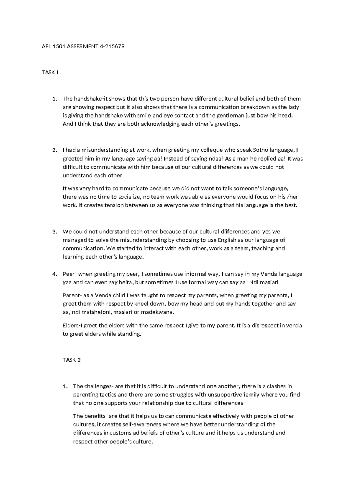 AFL 1501 Assesment 4 - AFL 1501 ASSESMENT 4- TASK I The handshake-it shows that this two person ...