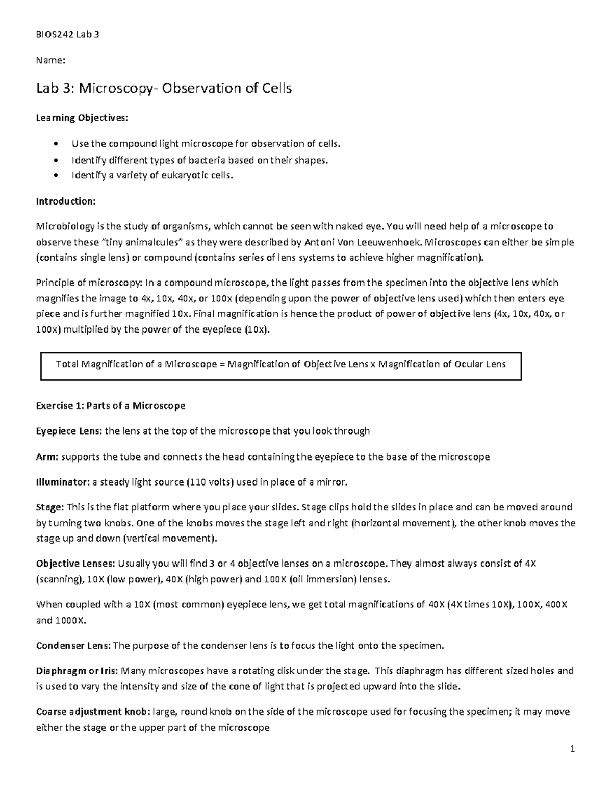 BIOS242 Week 2 Lab 3 Microscopy lab-1-1 - Name: Lab 3: Microscopy- Observation of Cells Learning ...