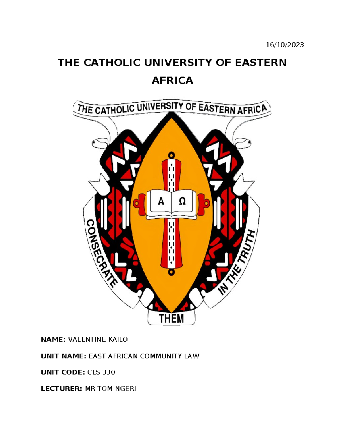 EAC CAT - Exan cat - 16/10/ THE CATHOLIC UNIVERSITY OF EASTERN AFRICA ...