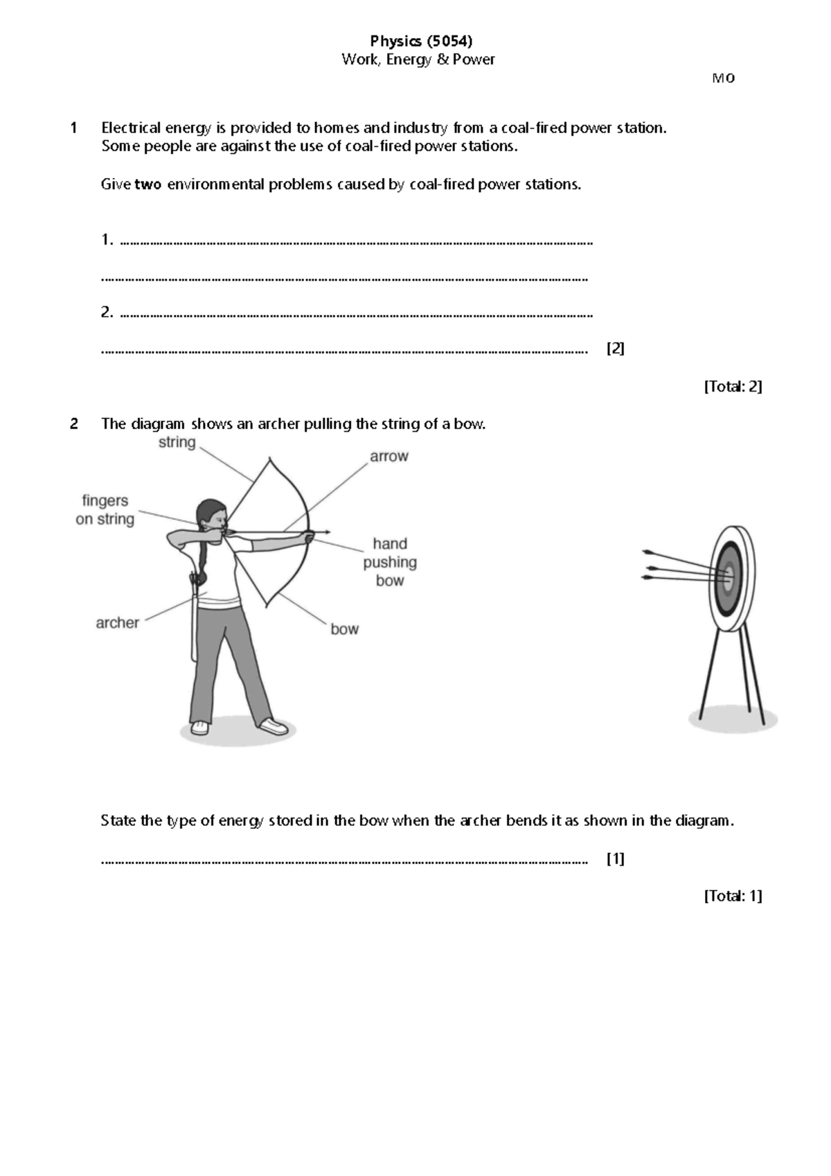 Work Energy full worksheet - Physics (5054) Work, Energy & Power MO 1 ...