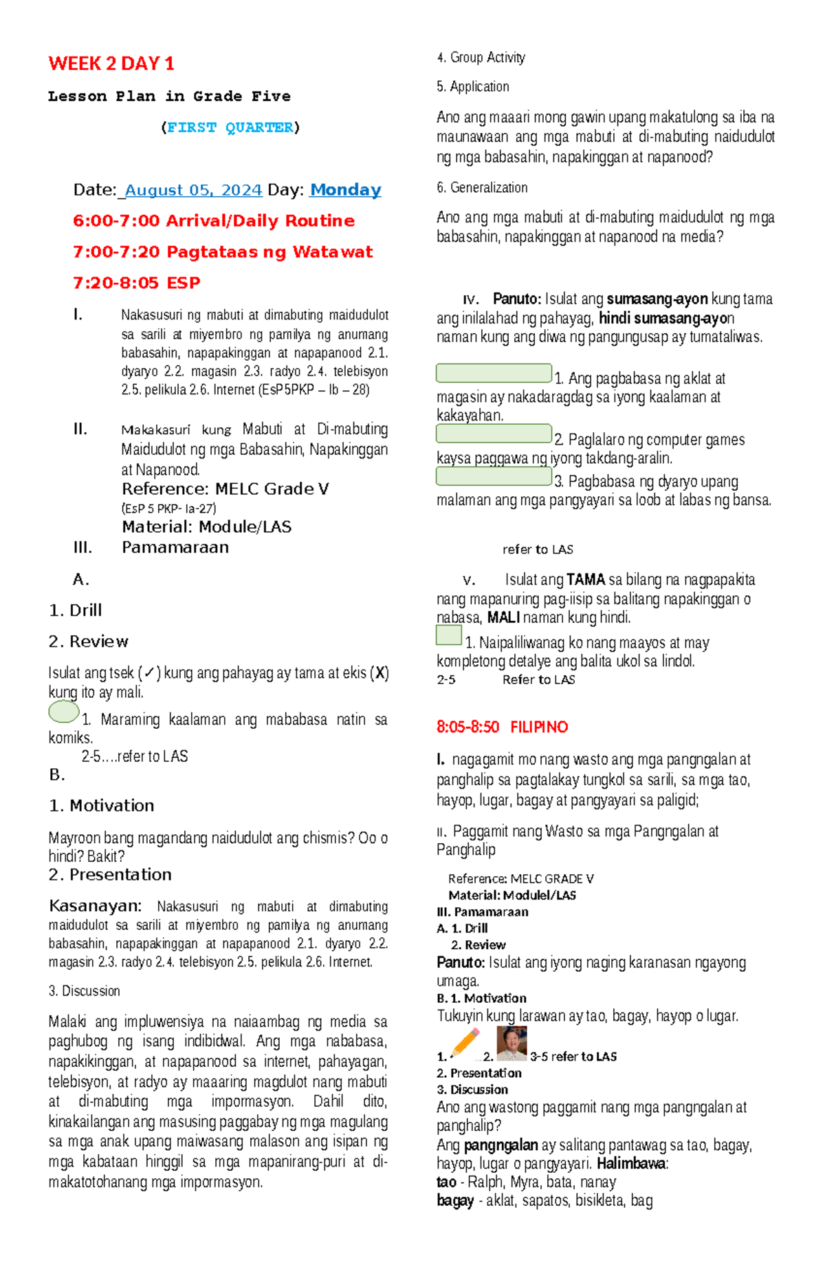 Q 1 WEEK 2 DAY 1 - Lesson Plan in Grade 5 - WEEK 2 DAY 1 Lesson Plan in ...