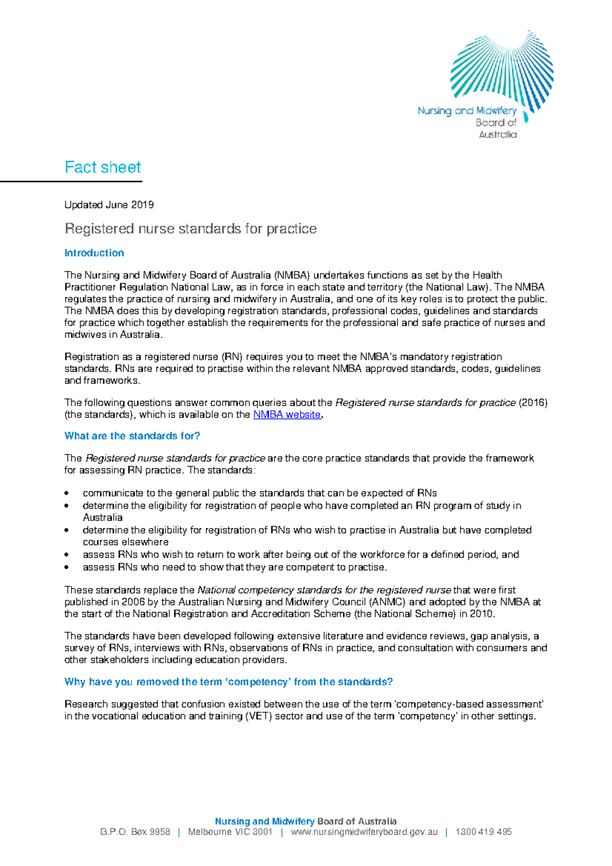 Nursing and Midwifery Board Fact sheet Registered nurse standards for ...