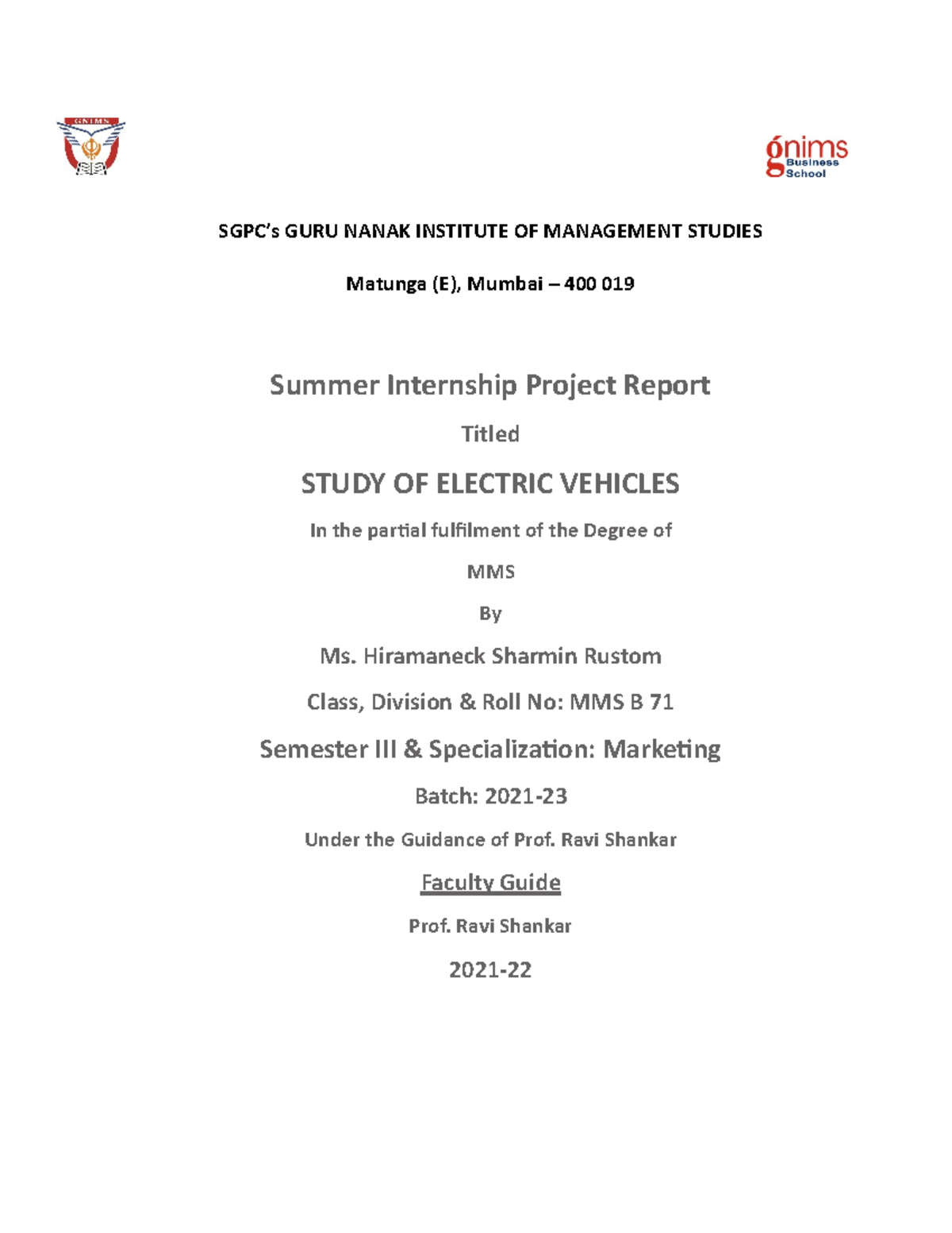 Electric vehicles project report submit Final - SGPC’s GURU NANAK ...
