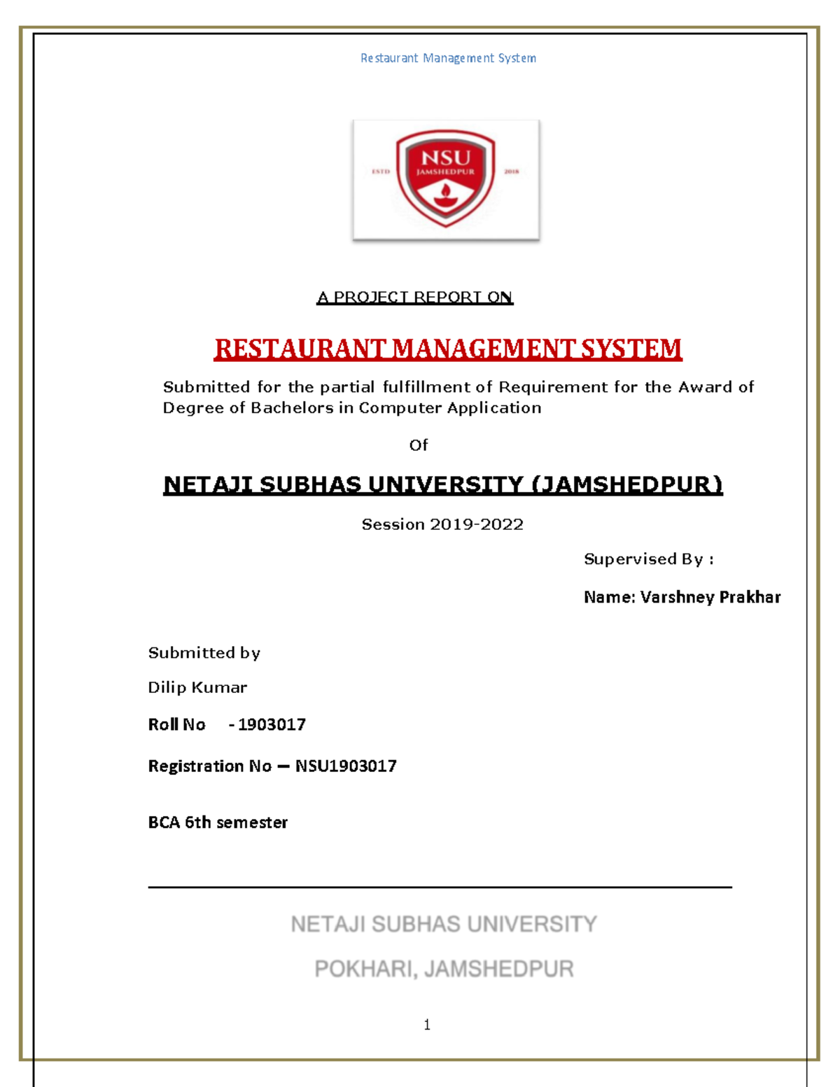 Dilip Project 2 - A PROJECT REPORT ON ####### RESTAURANT MANAGEMENT ...