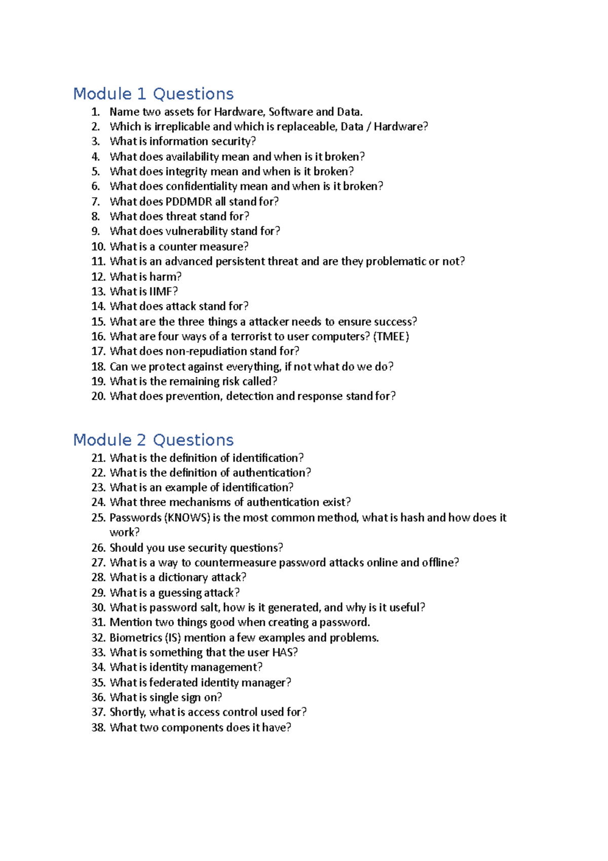 Module Questions for the whole thing - Module 1 Questions Name two ...