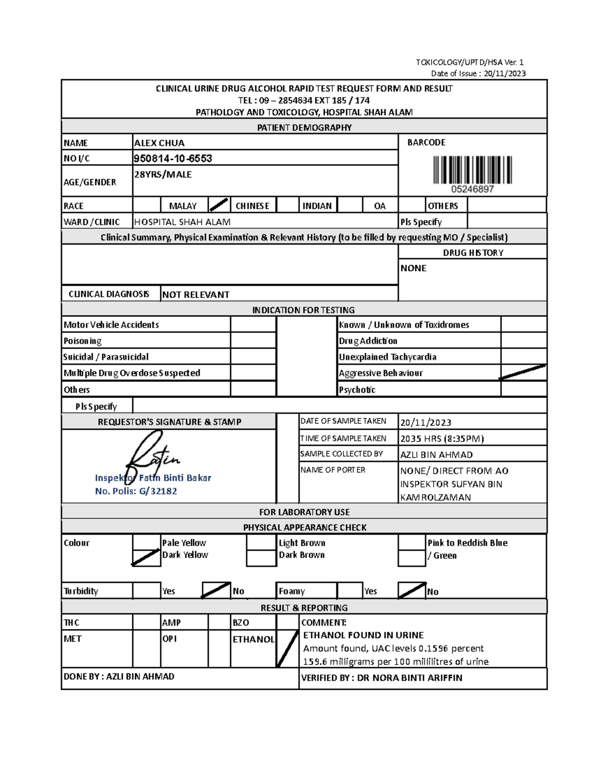 D12- Urine DRUG Alcohol TEST - TOXICOLOGY/UPTD/HSA Ver. 1 Date of Issue ...
