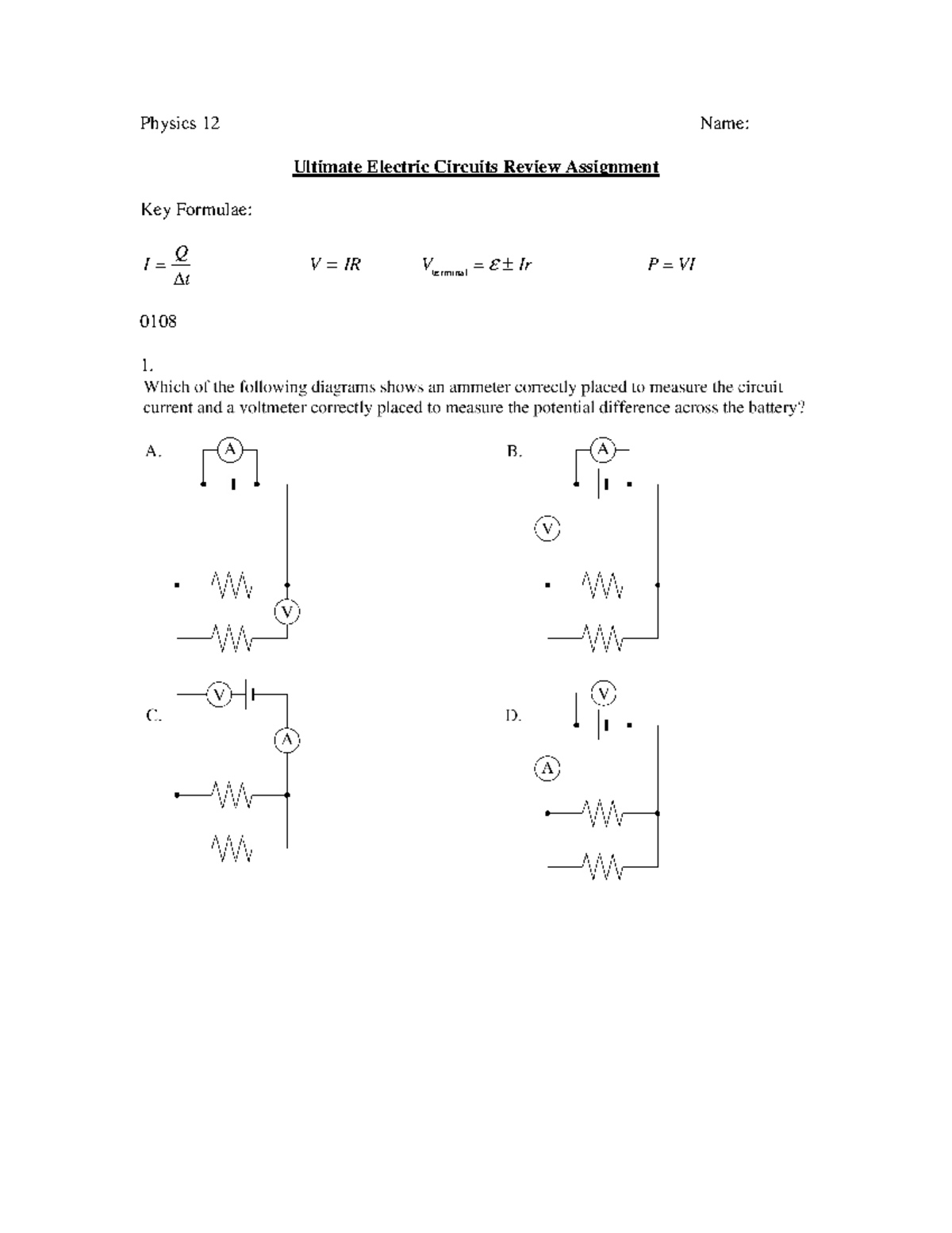 Ultimate Circuitry Review - Physics 12 Name: Ultimate Electric Circuits Review Assignment Key ...