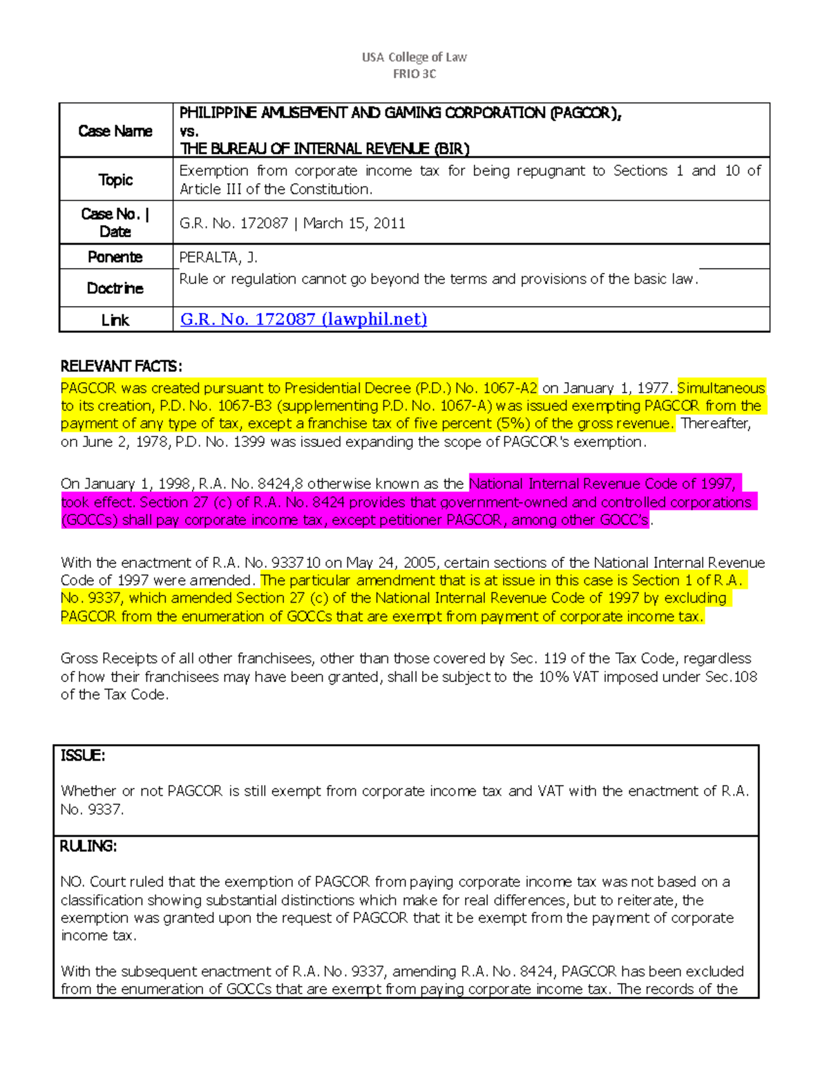 9. Pagcor V BIR - case - USA College of Law FRIO 3C Case Name ...
