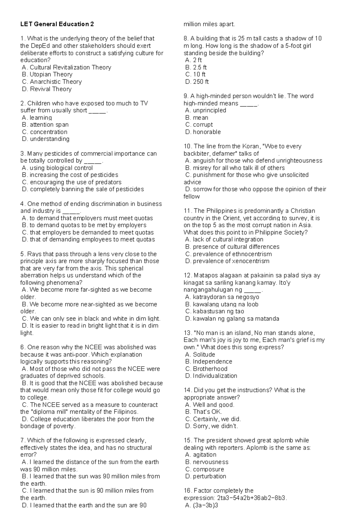 LET General Education 2 - Cultural Revitalization Theory B. Utopian ...