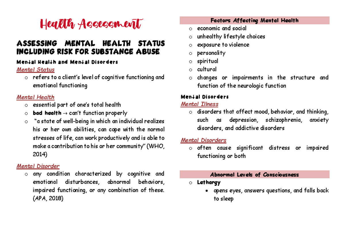 Health Assessment- Finals Reviewer - Health Assessment Mental Health ...