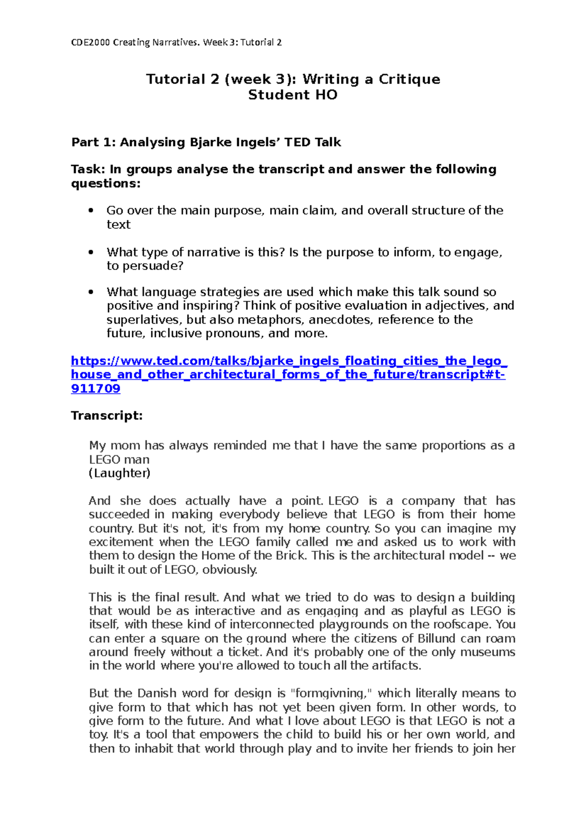 CDE2000 Tutorial 2 Week 3 Critique Student HO - Tutorial 2 (week 3 ...