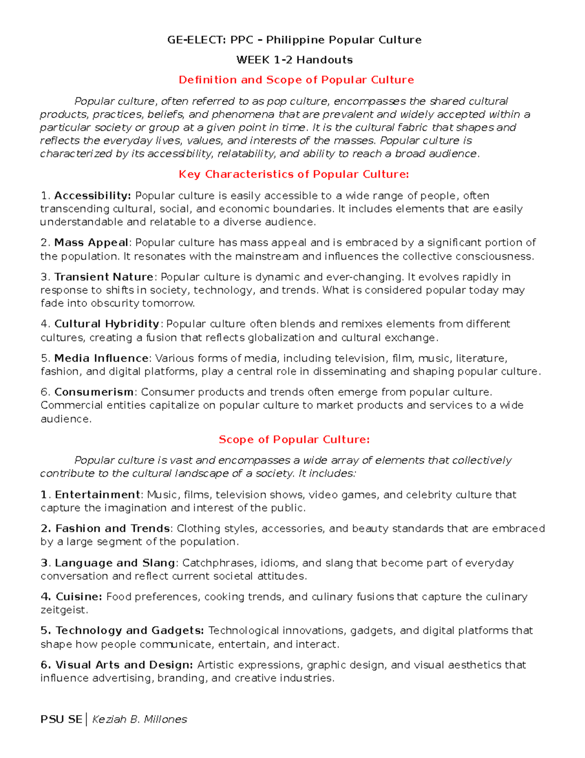 GE PPC Week 1 2 - GE-ELECT: PPC – Philippine Popular Culture - GE-ELECT: PPC – Philippine ...