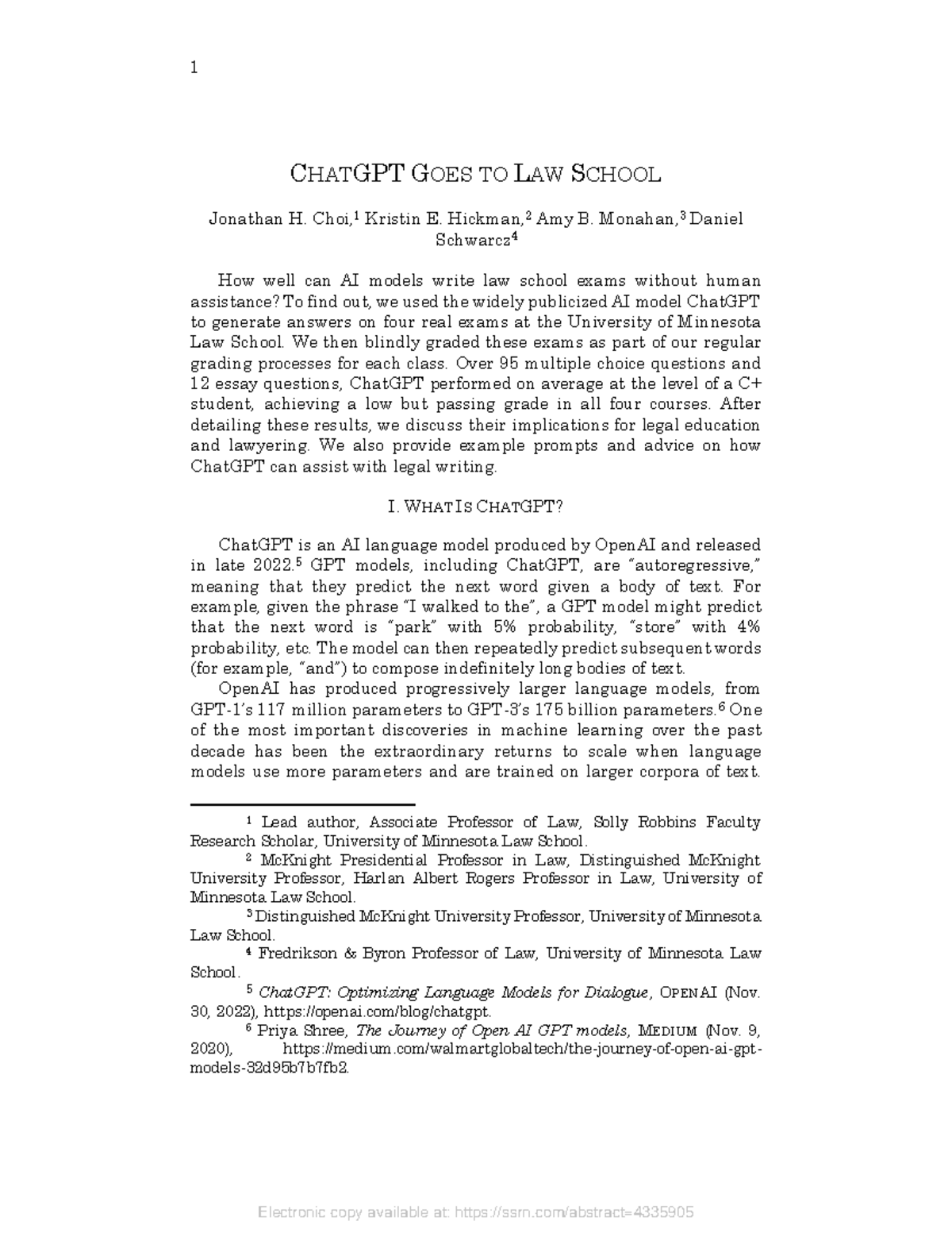 SSRN-id4335905 - paper - CHATGPT GOES TO LAW SCHOOL Jonathan H. Choi, 1 Kristin E. Hickman, 2 ...