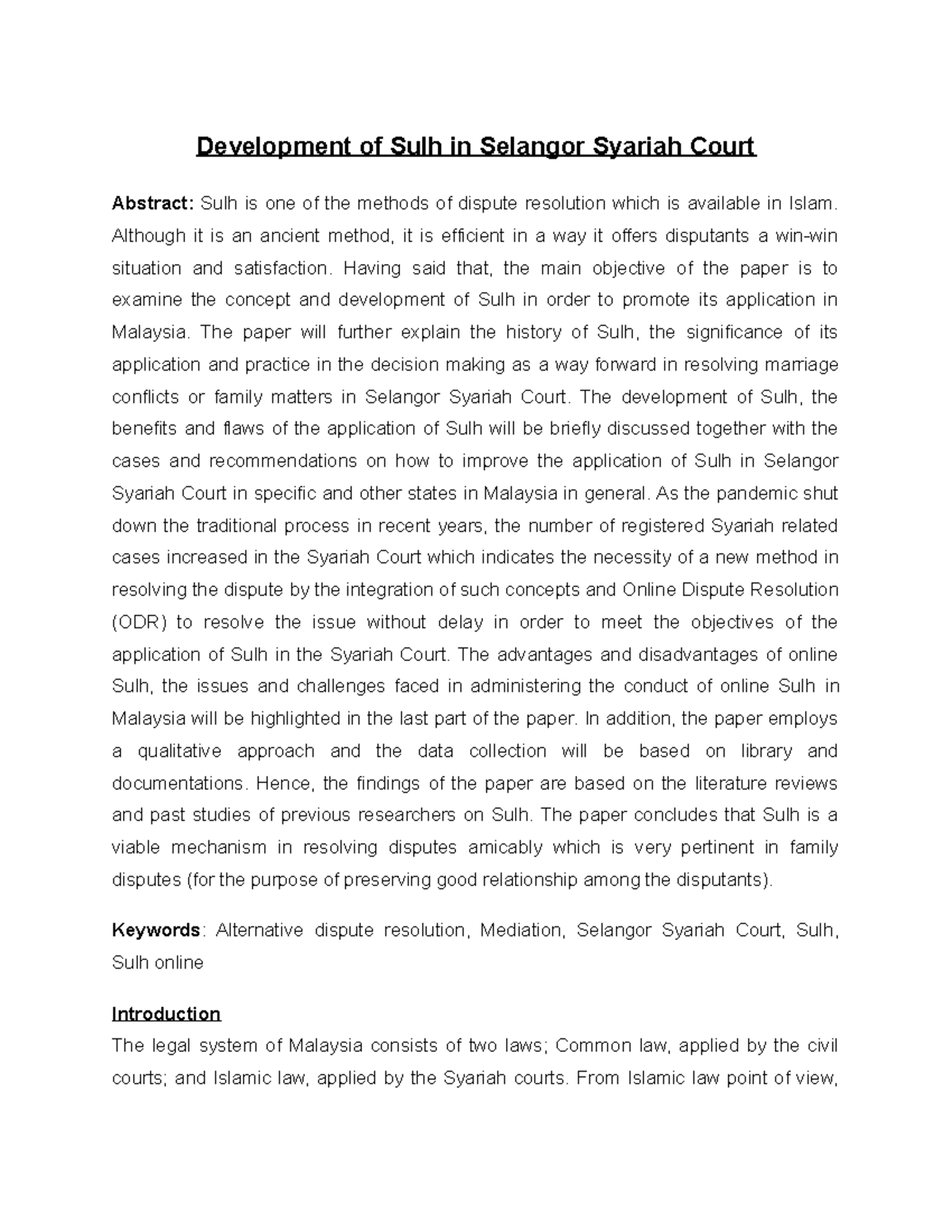 Draft Sulh Article - Sulh in Selangor Syariah Court - Development of ...