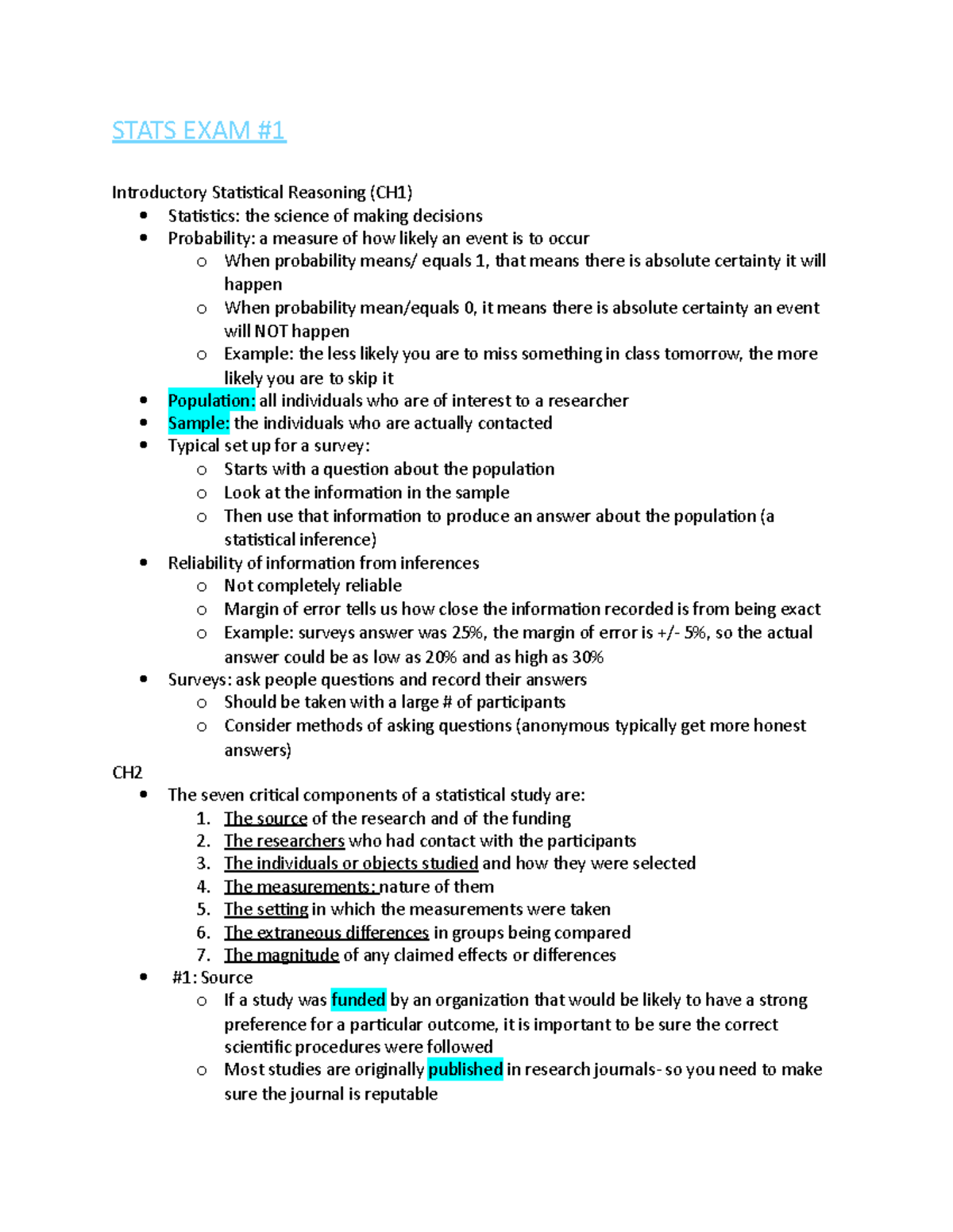 Stats EXAM - Exam 1 study guide - STATS EXAM Introductory Statistical ...