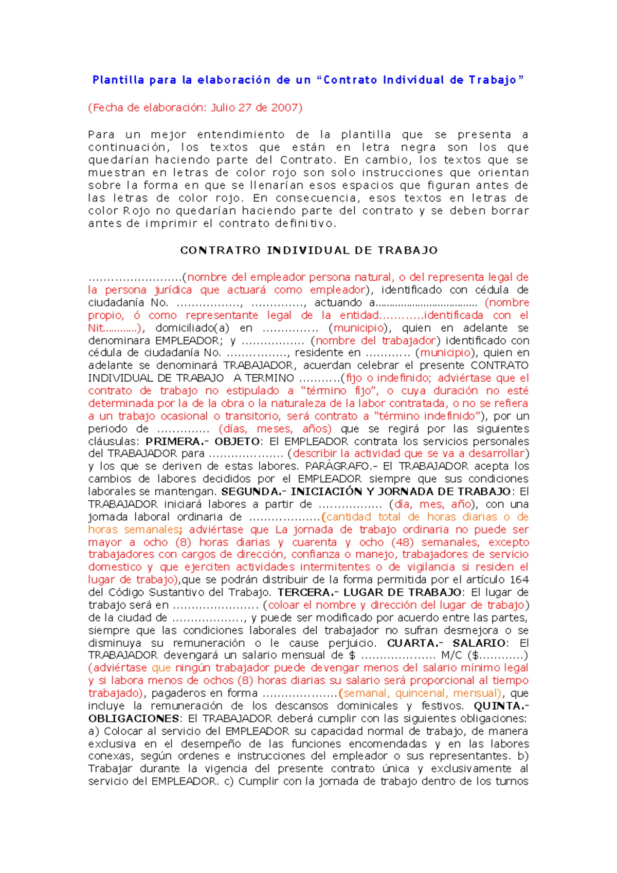 Plantilla para la elaboracion de contrato individual de trabajo - Plantilla para la elaboración ...