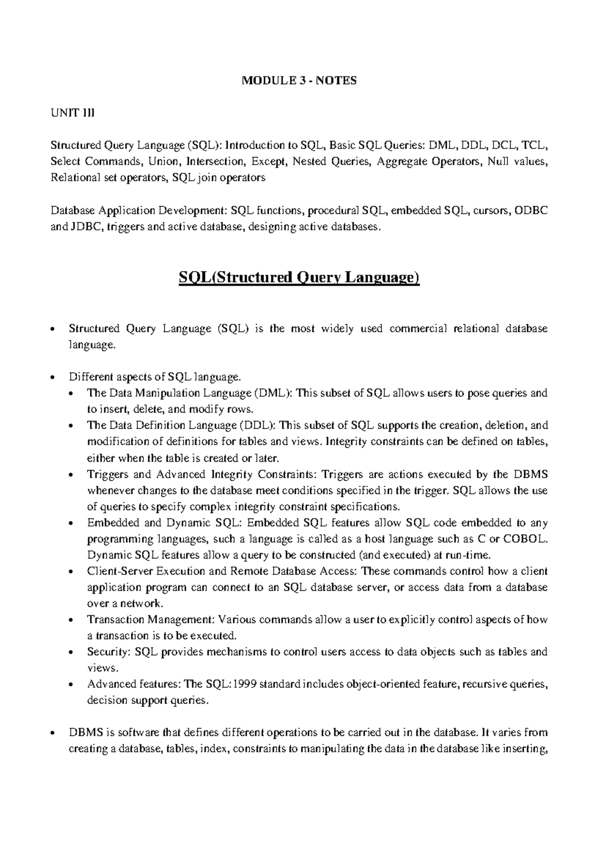 Module-3- Notes - module-3 for DBMS - MODULE 3 - NOTES UNIT III ...