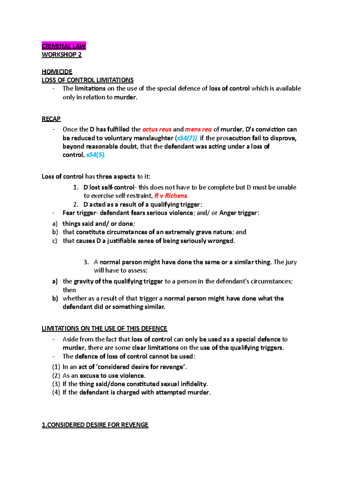 LOSS OF Control Limitations - CRIMINAL LAW WORKSHOP 2 HOMICIDE LOSS OF ...