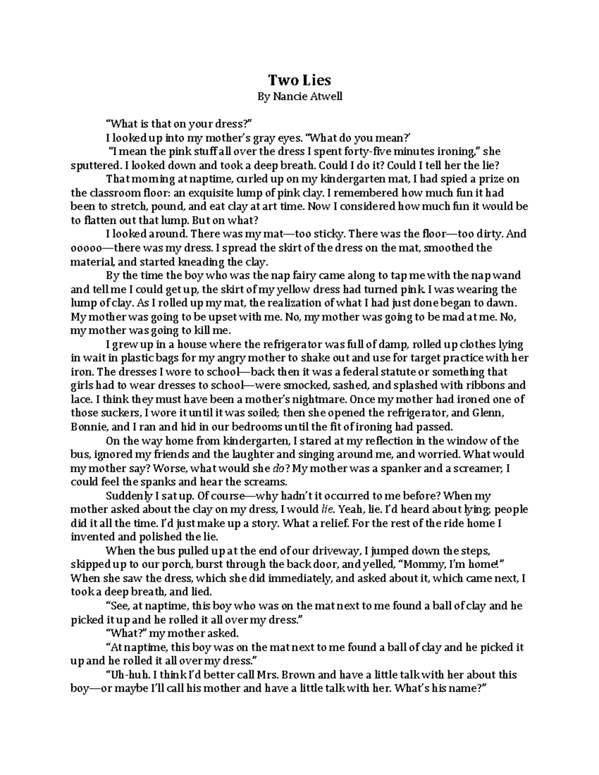 Memoir example atwell - ednw mne - Two Lies By Nancie Atwell “What is ...