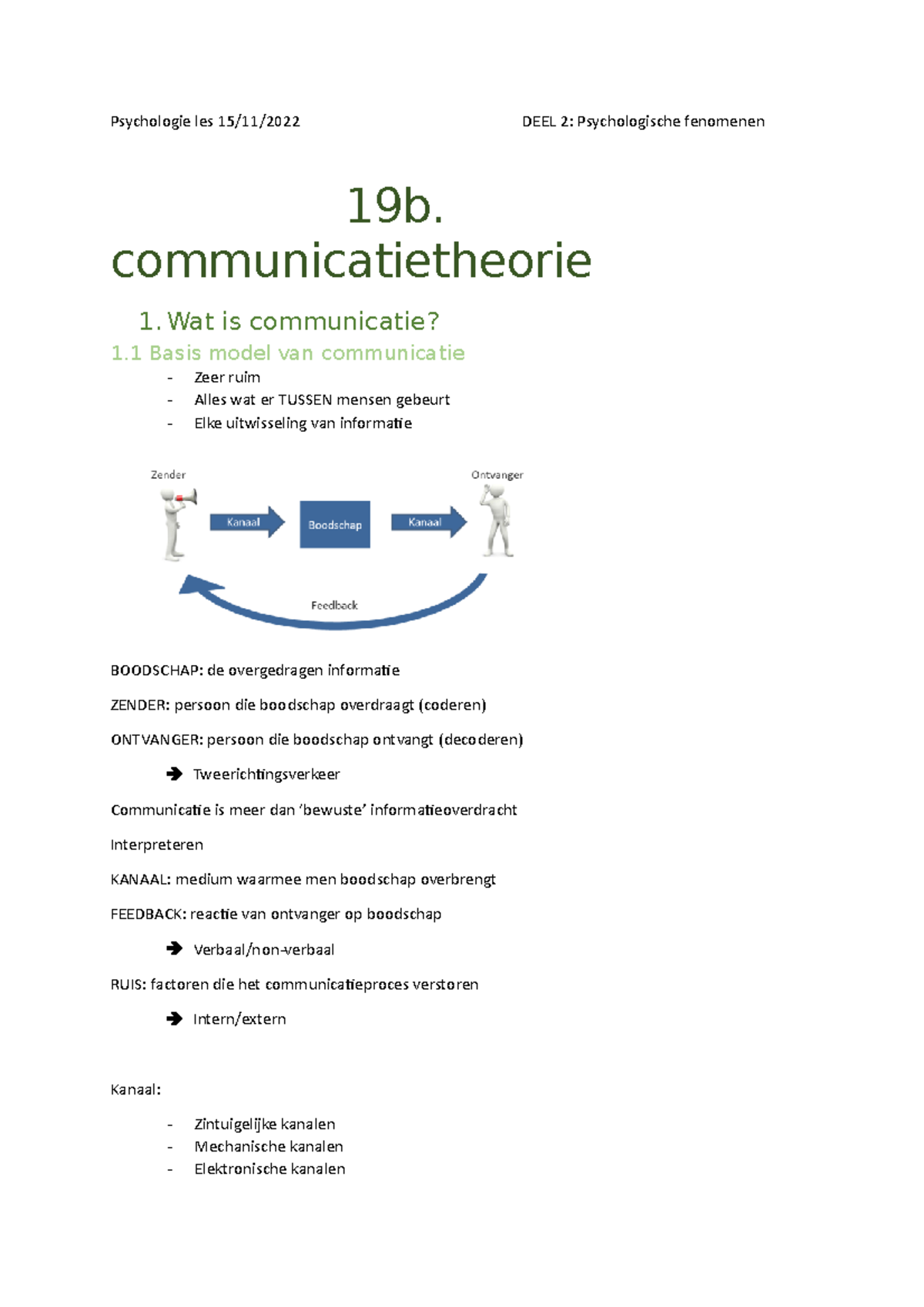 Psychologie les 15 - communicatietheorie 1. Wat is communicatie? 1 Basis model van communicatie ...