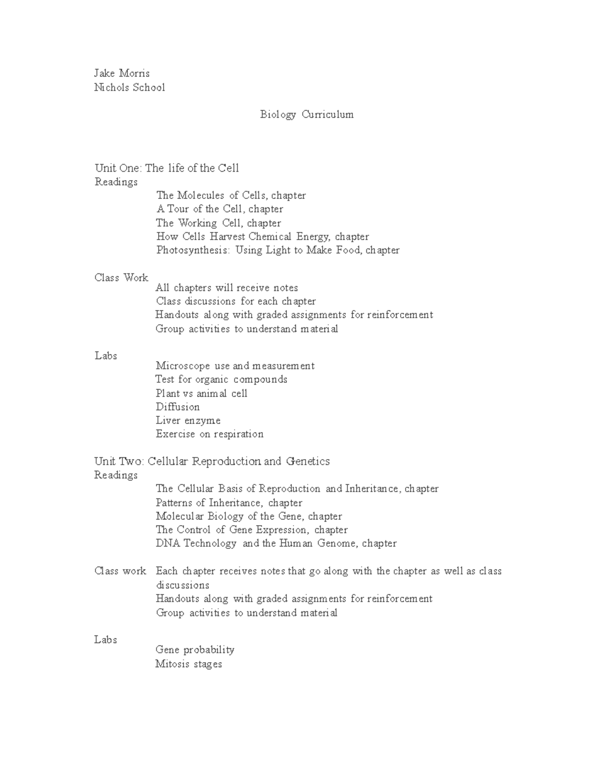 Biology curriculum and syllabus - Jake Morris Nichols School Biology ...