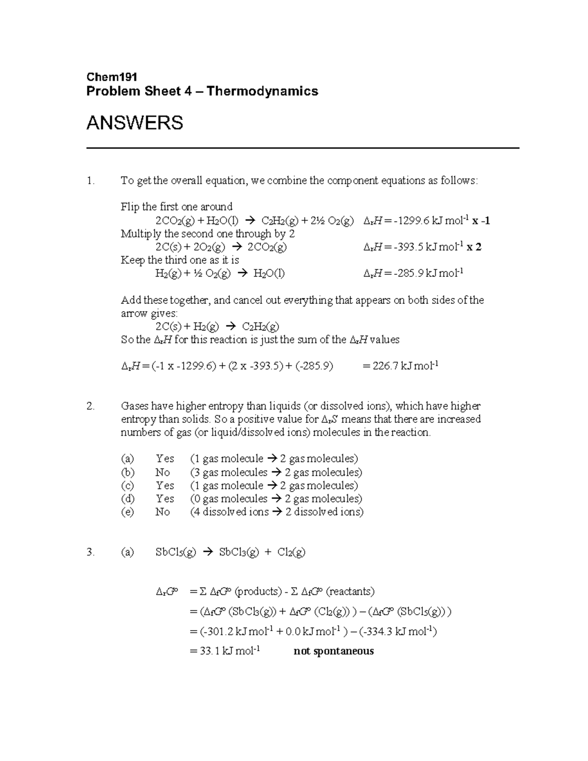 Problem Sheet 4 answers - Chem Problem Sheet 4 – Thermodynamics ANSWERS ...