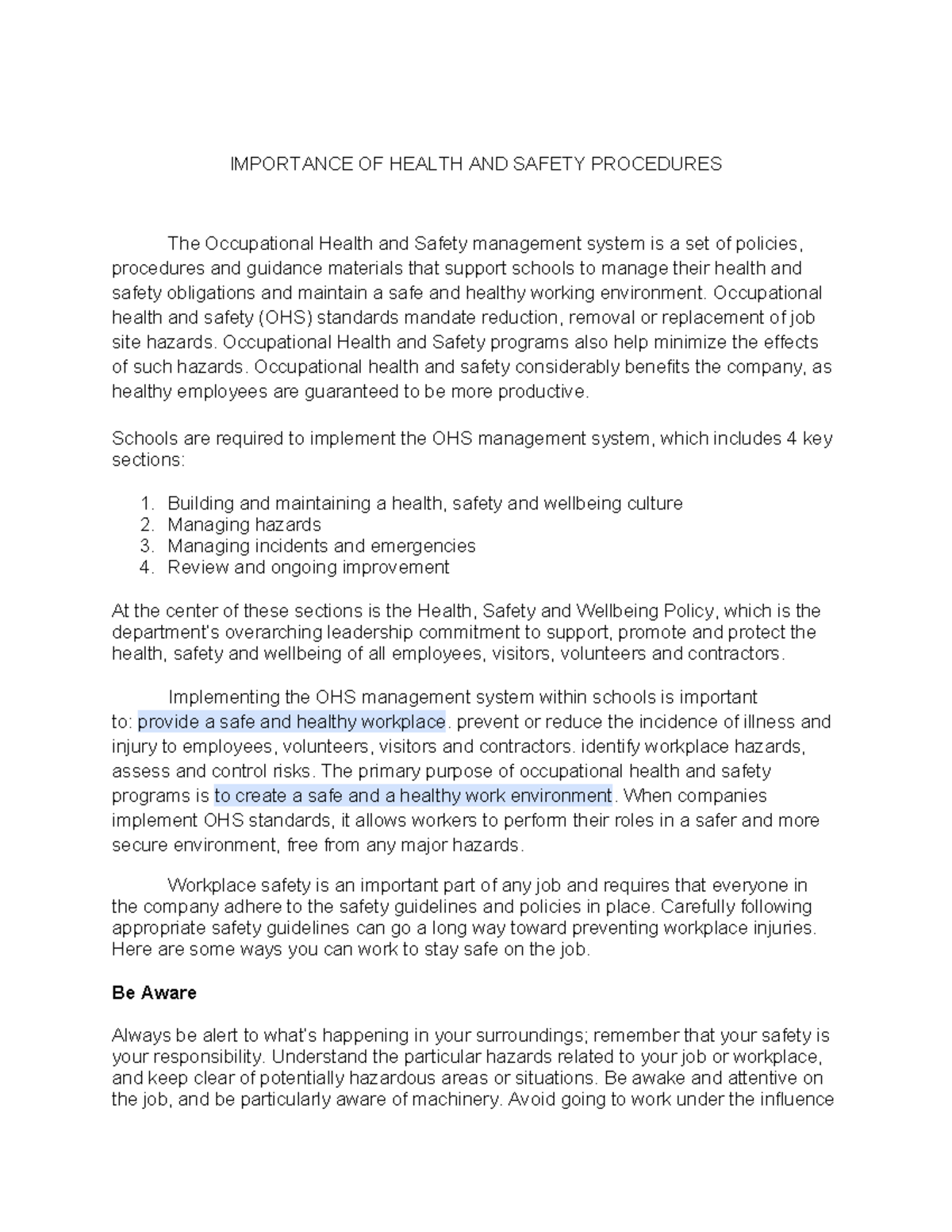 Importance OF Health AND Safety Procedures - IMPORTANCE OF HEALTH AND ...