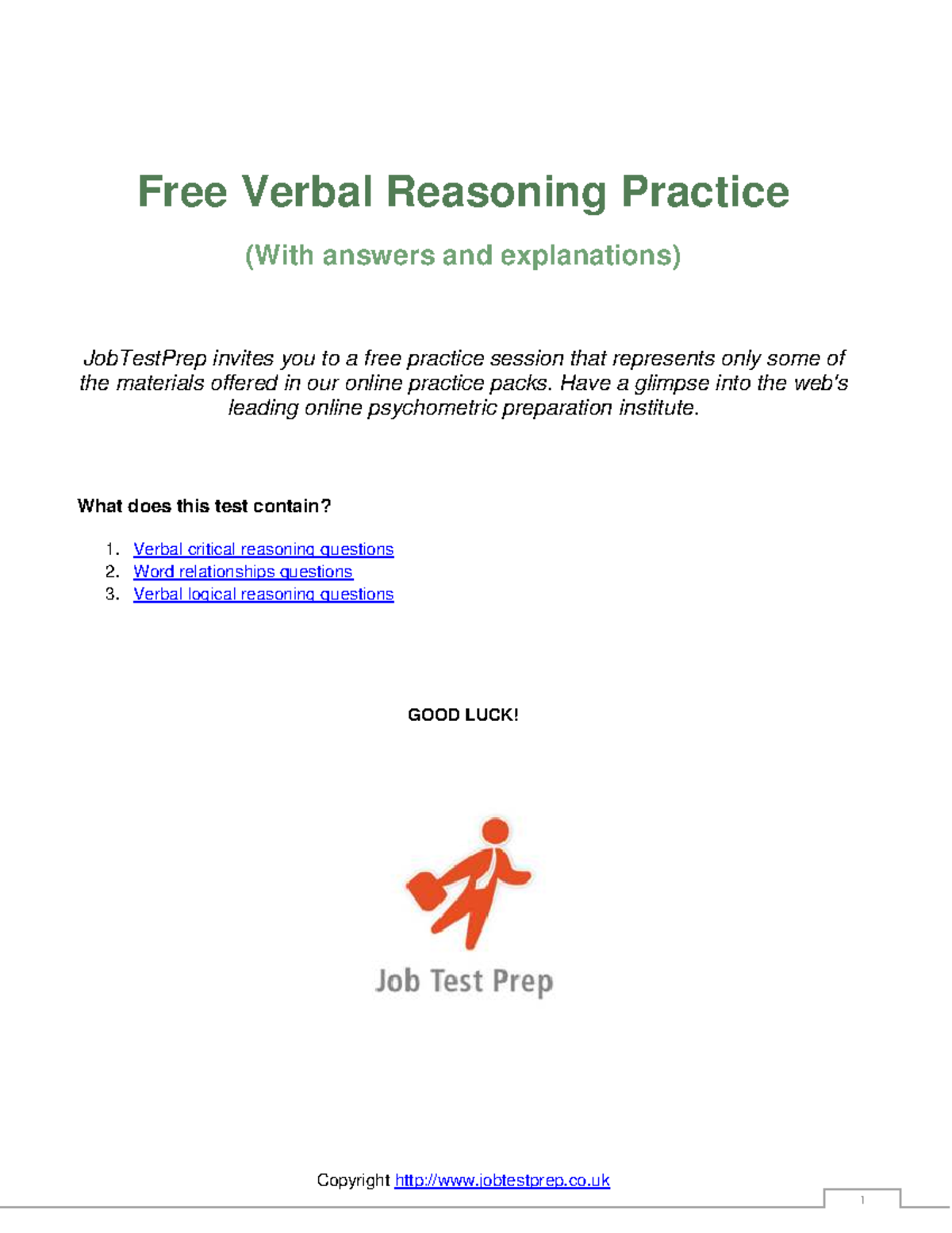 Free verbal reasoning questions answers - Copyright jobtestprep.co Free ...