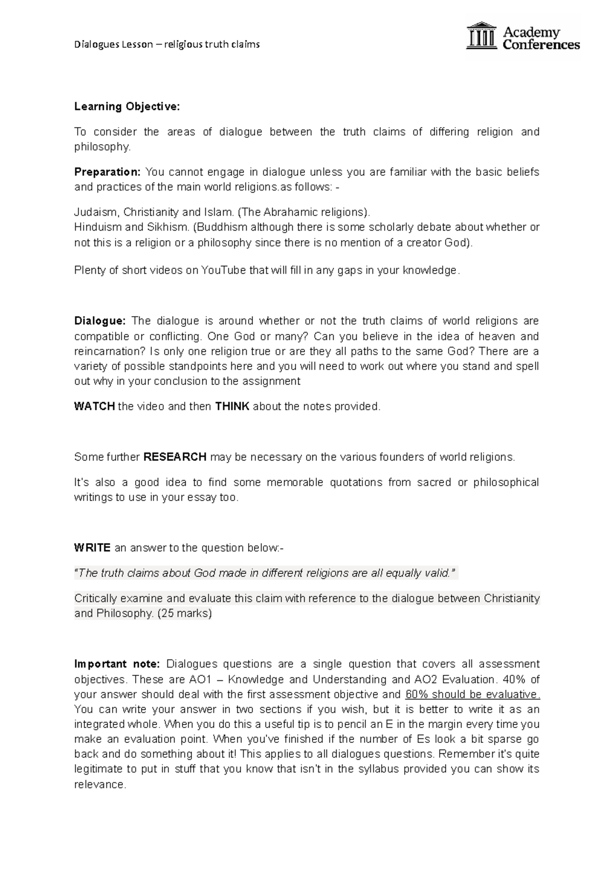 Religious truth claims dialogue lesson plan - Dialogues Lesson ...