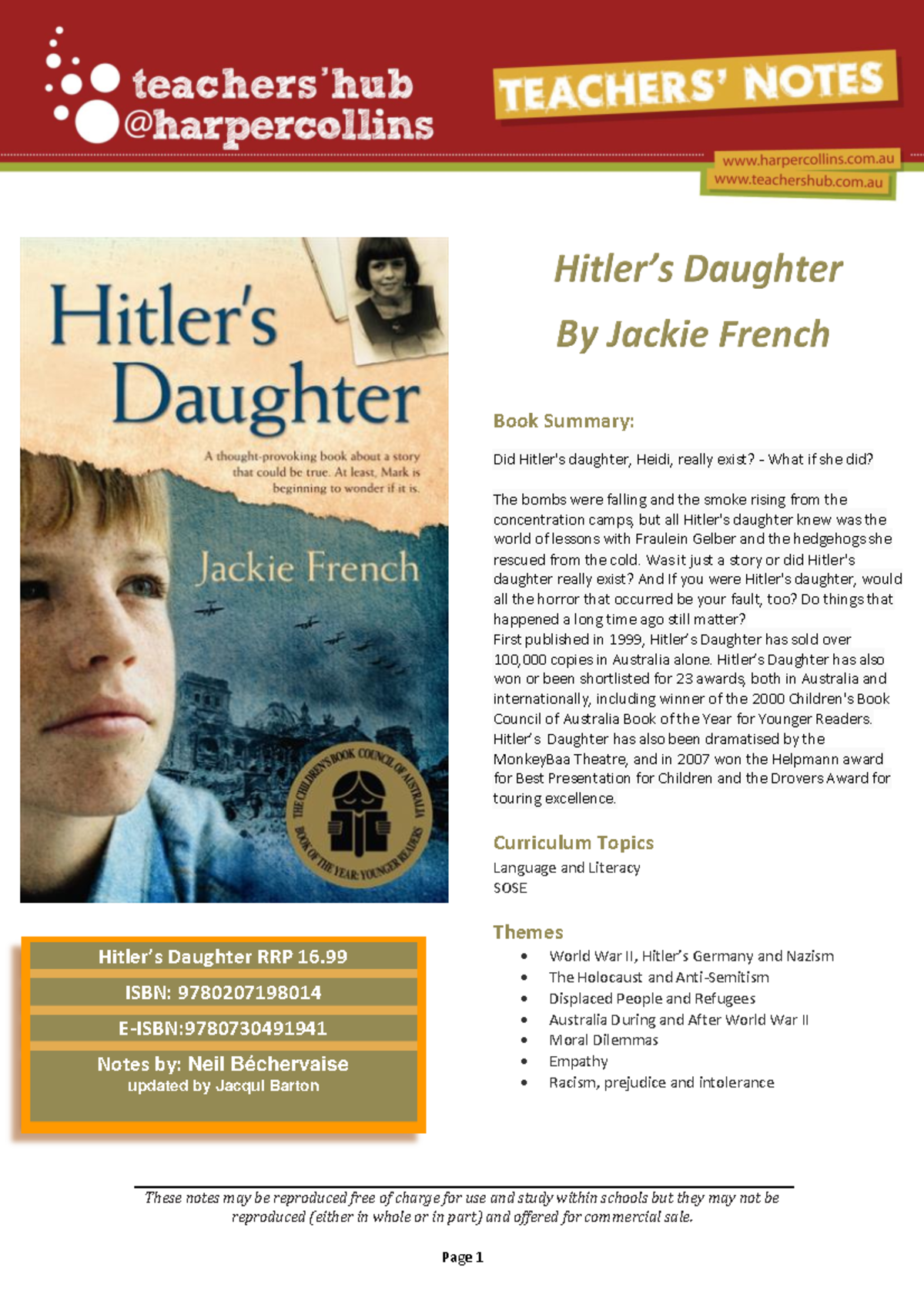 Hitlers Daughter Teacher Notes - These notes may be reproduced free of ...