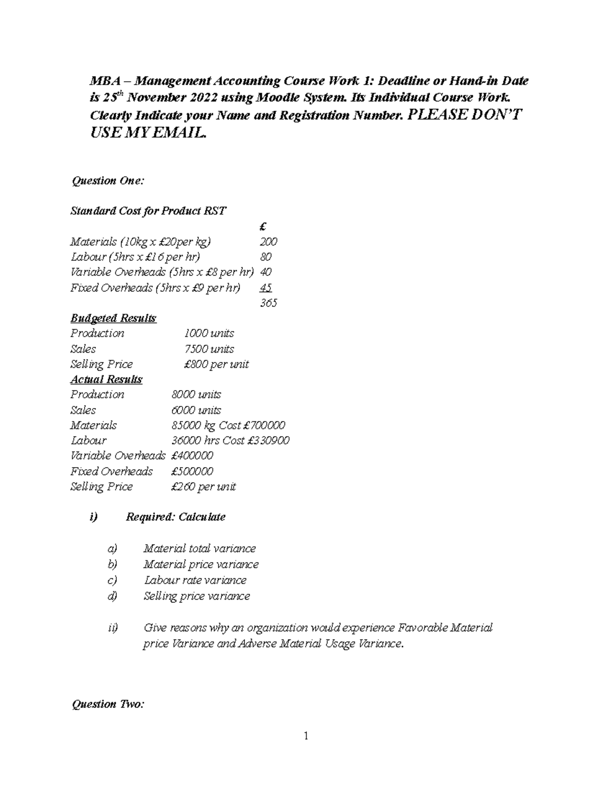 Management Accounting -Course Work - MBA 2022 - MBA – Management ...