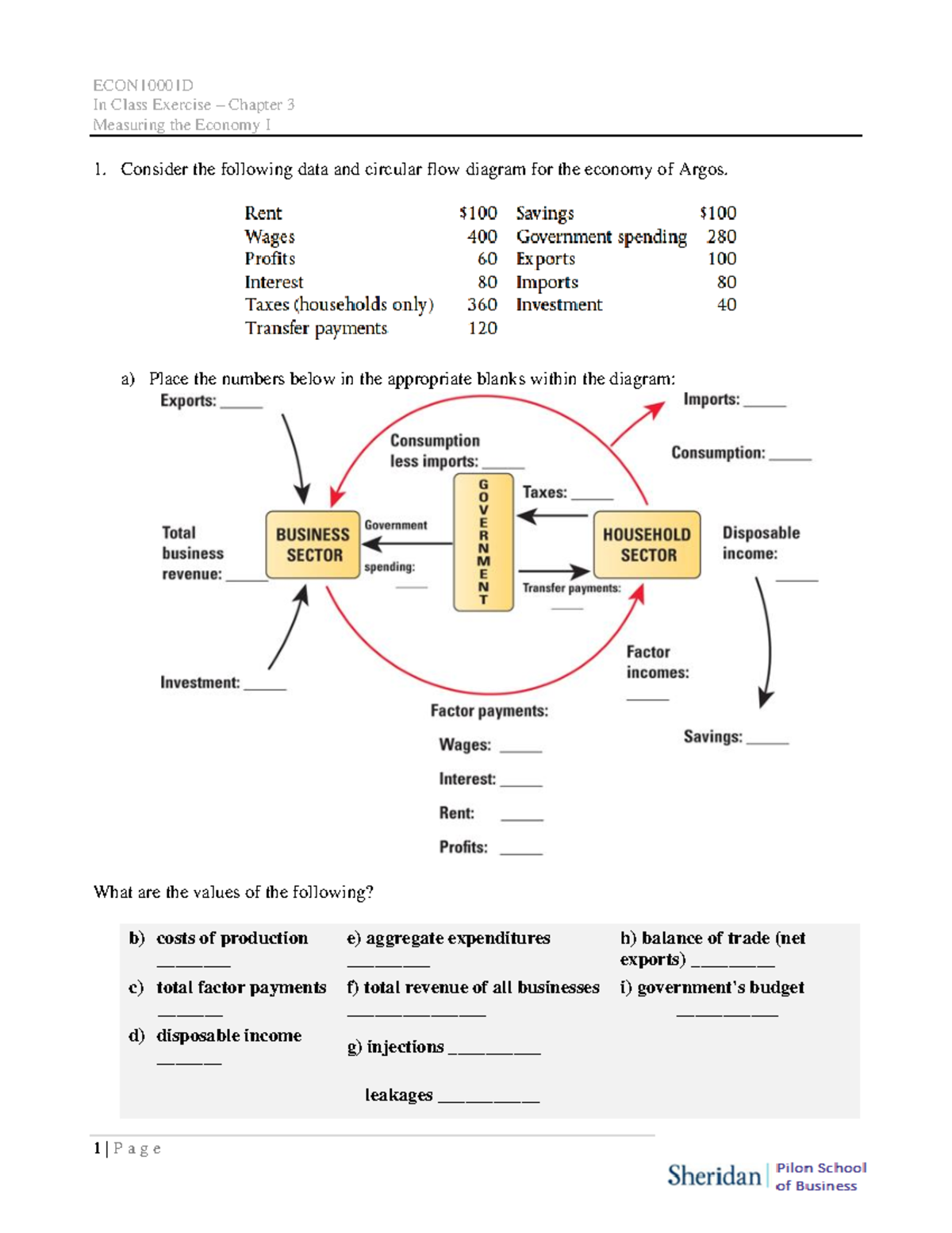 Ch 3 Inclass Exercise Solutions In Class Exercise Chapter 3 Measuring The Economy I 1