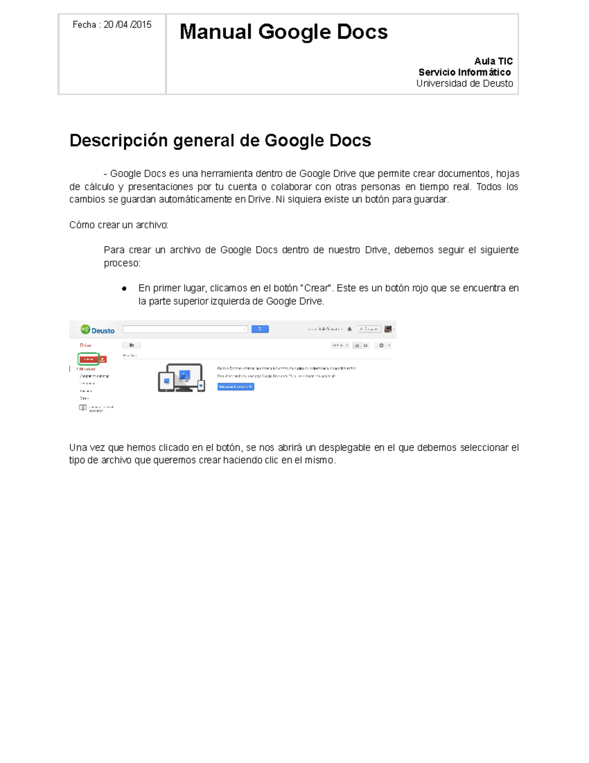 Manual Google Docs - Fecha : 20 /04 / Manual Google Docs Aula TIC Servicio Informático ...