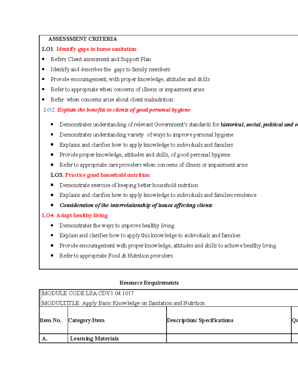 ABN,3 - USEFUL - ASSESSMENT CRITERIA LO1. Identify gaps in home ...