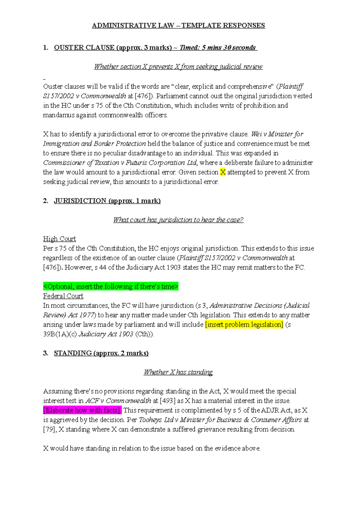 Administrative LAW Template Responses - ADMINISTRATIVE LAW TEMPLATE ...